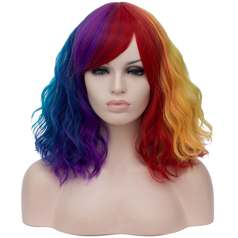 RightOn 14'' Rainbow Wig Short Curly Colorful Wig with Bangs Multi ...