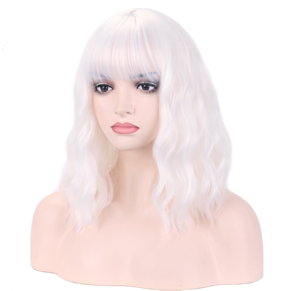 RightOn 14" White Wig Short Curly Wavy Wig White Wig with Bangs White ...