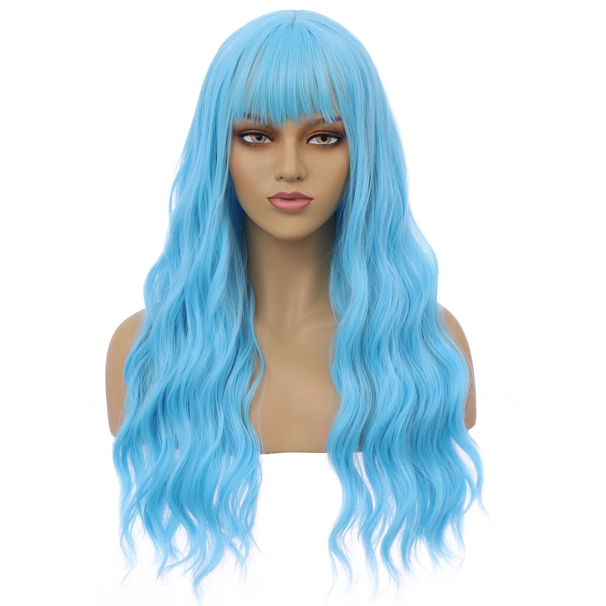 RightOn 23" Blue Wig Long Curly Wig with Bangs Light Blue Wig Women ...