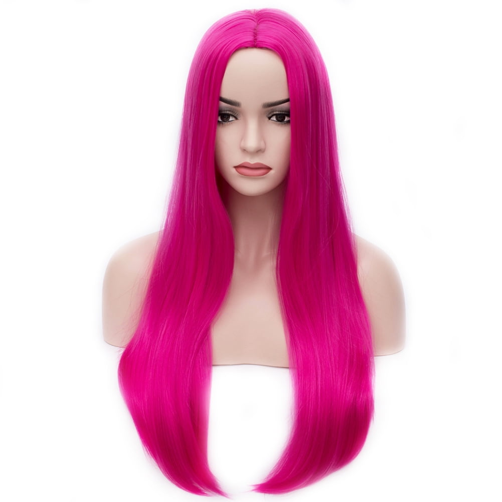 RightOn 25" Hot Pink Wig Long Straight Wig Rose Red Wig Charming Women ...