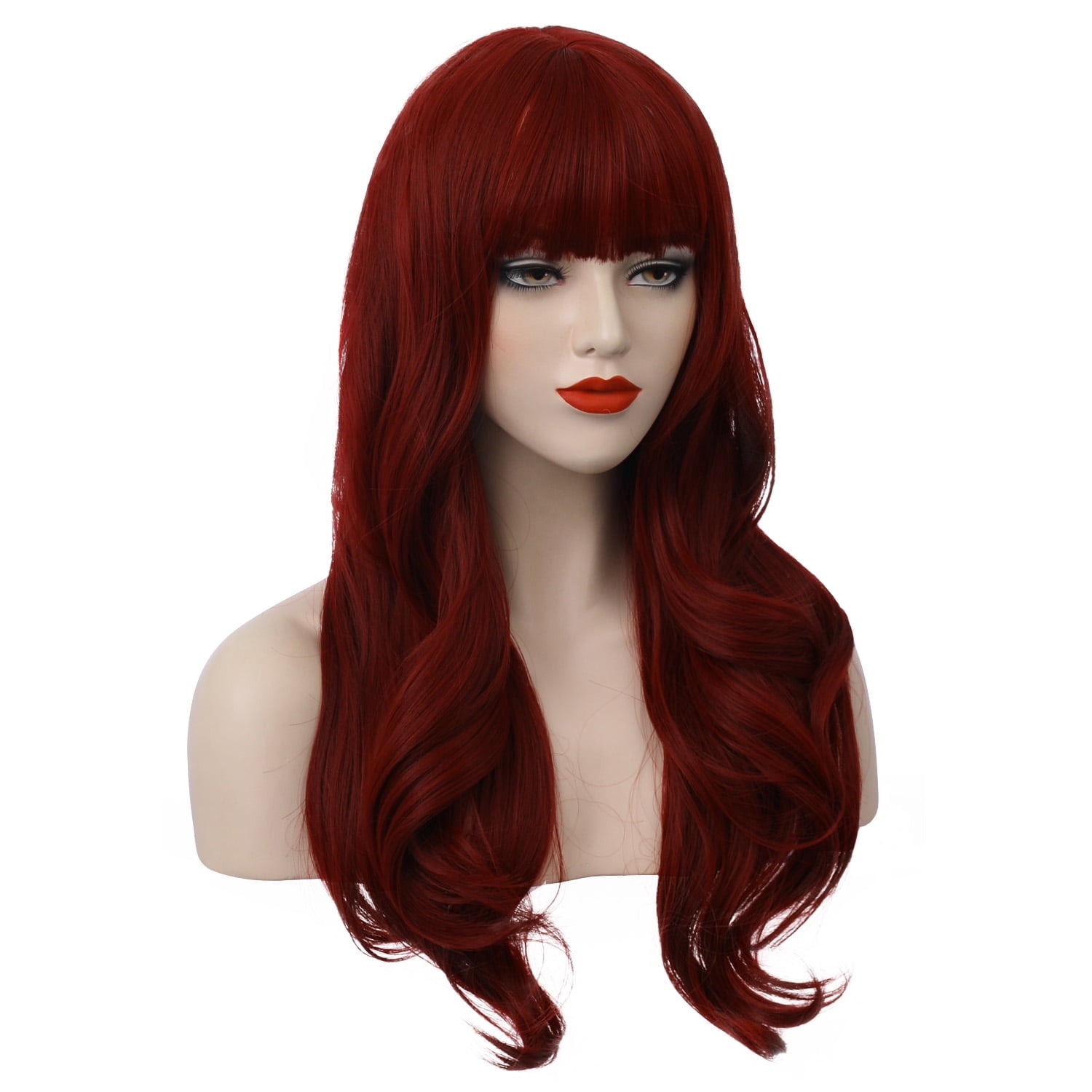 RightOn 26'' Wine Red Wig Long Wavy Wigs with Bangs Long Wavy Red Wigs ...
