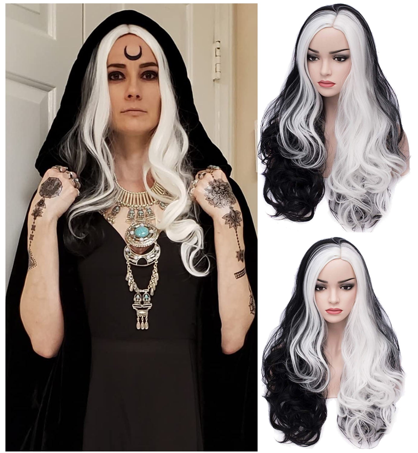 RightOn Black and White Wig Black White Split Wig Long Curly Wig Women ...