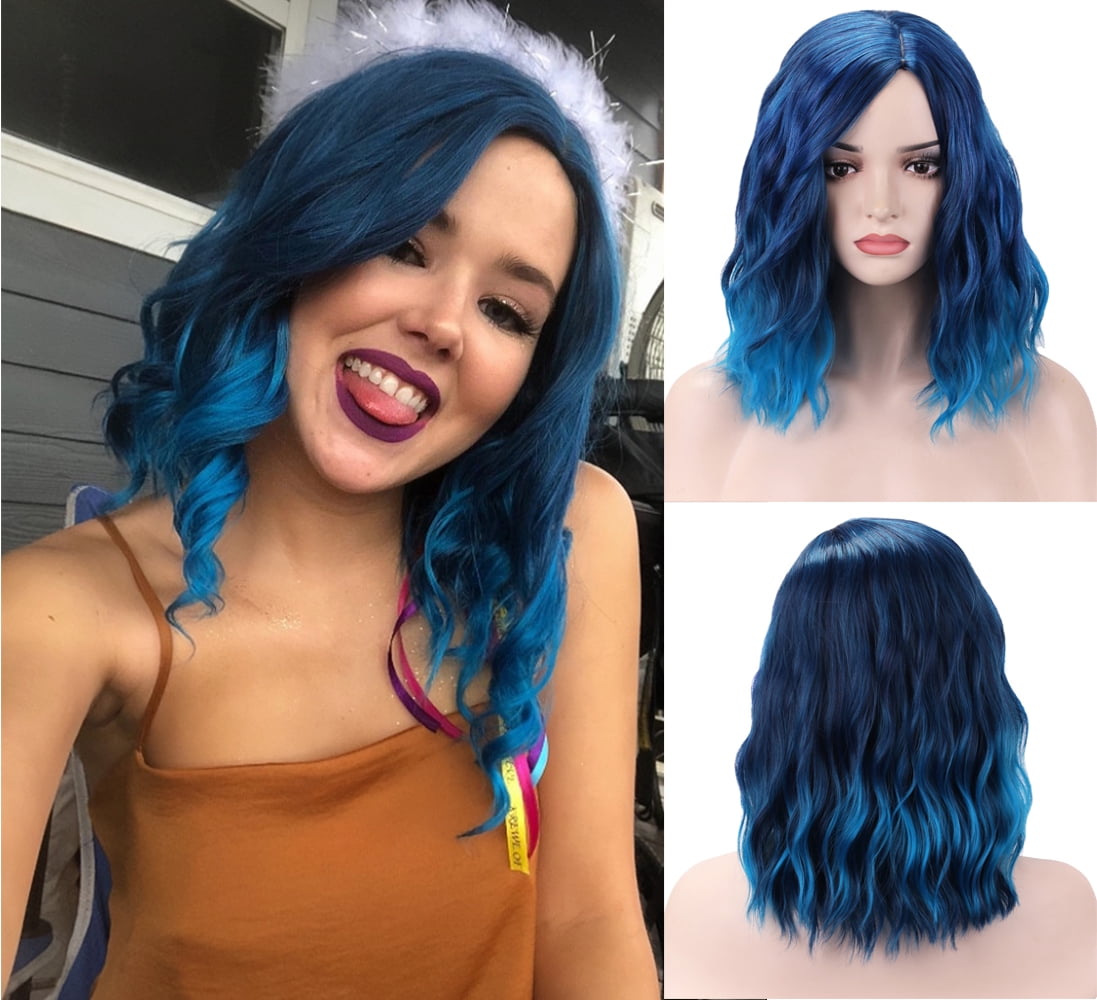 RightOn Natural Looking Mix Blue Short Curly Wavy Bob Wig for Women ...