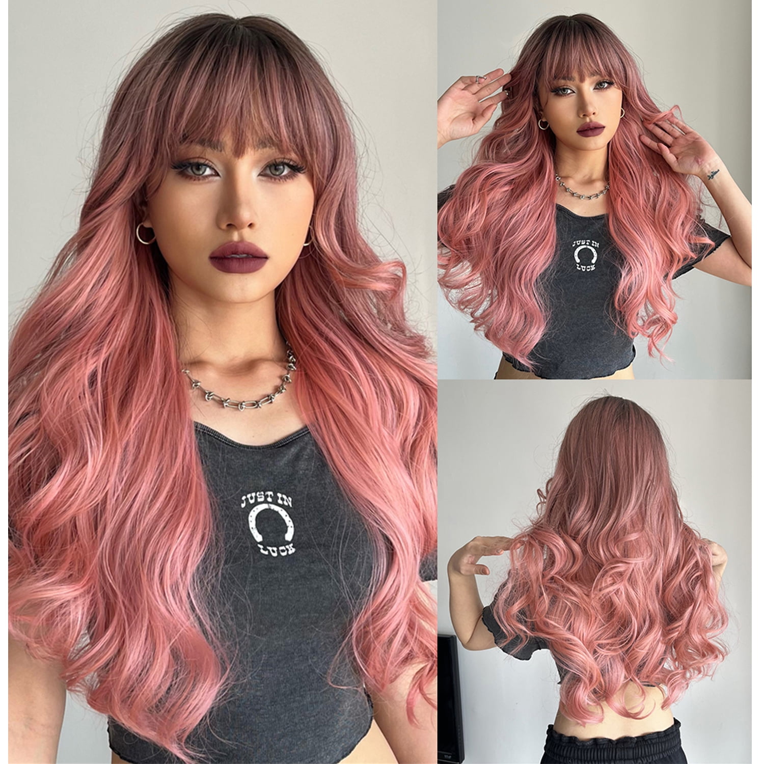 RightOn Ombre Pink Wig with Bangs Long Wavy Wigs for Women Pink Wigs ...