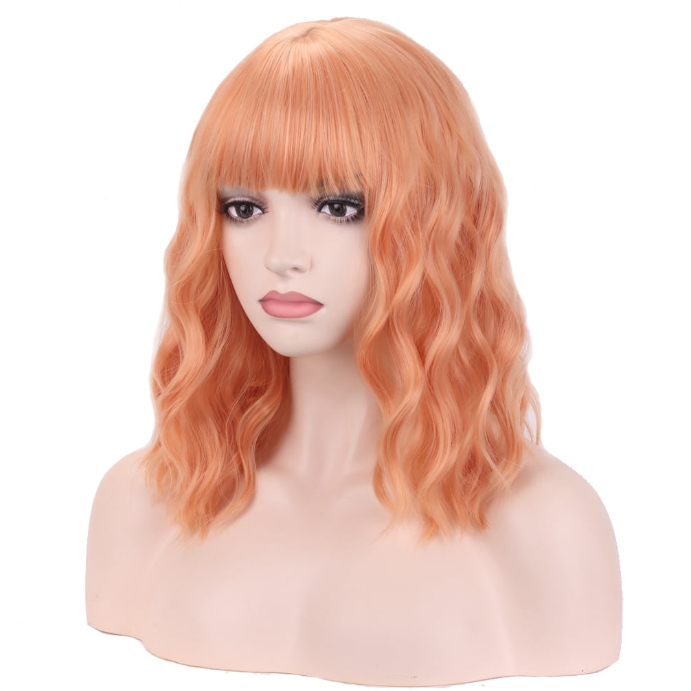 RightOn Orange Wig for Women Orange Wig with Bangs Short Curly Wavy Wig ...