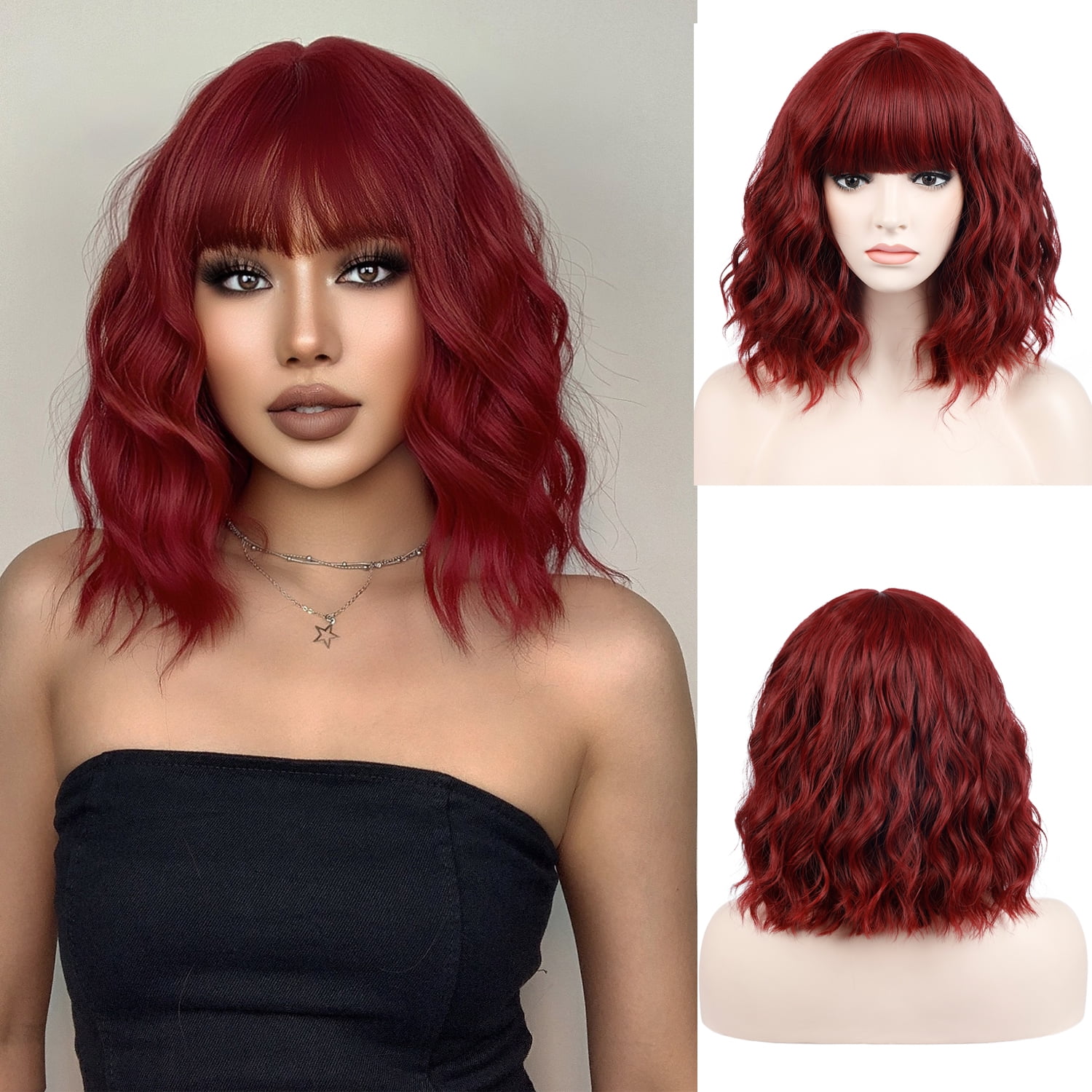 RightOn Natural Looking Short Curly Wavy Red Wig with Bangs for Women ...