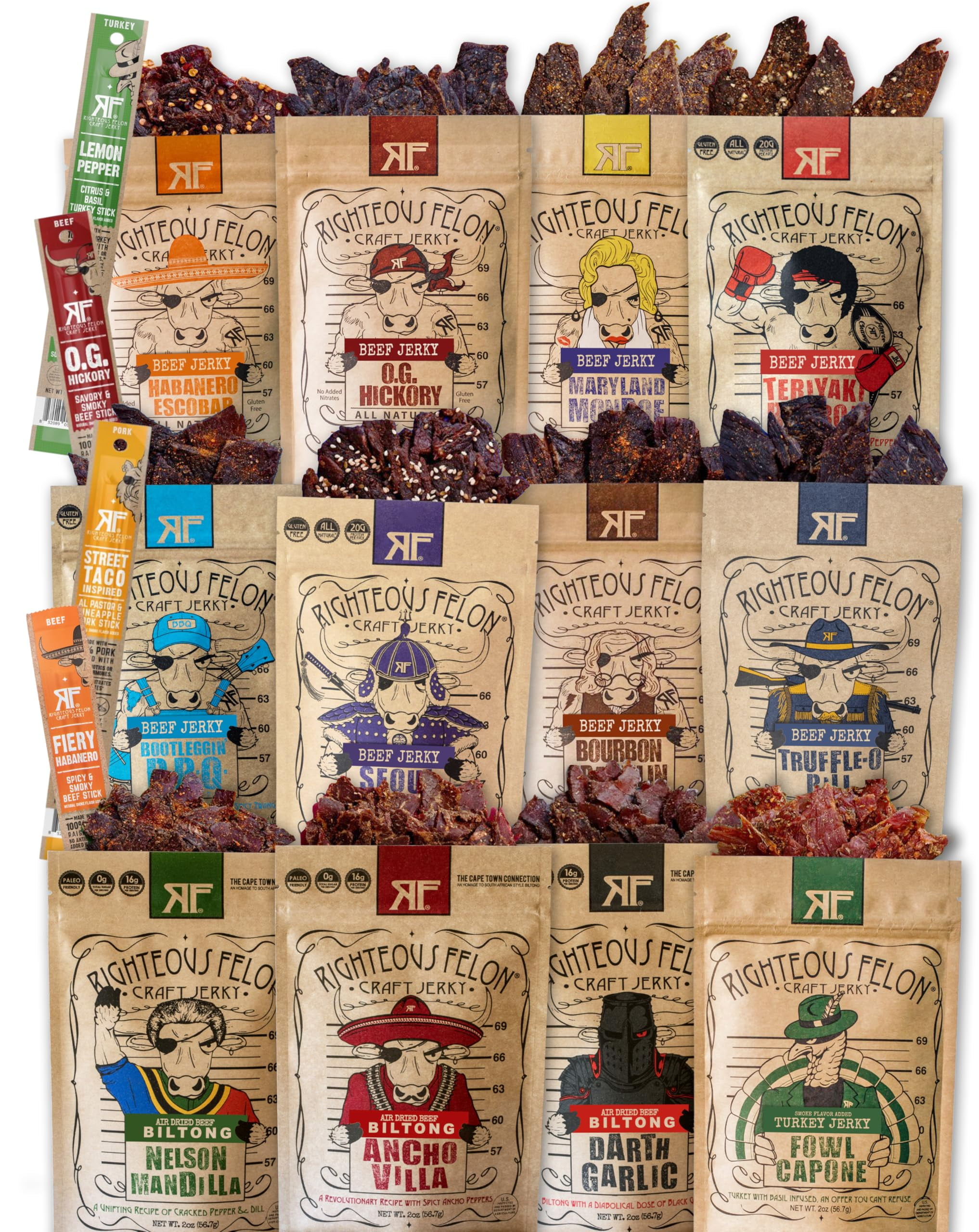 Righteous Felon Beef Jerky KEF28 & Meat Sticks Variety Pack | Gifts for ...