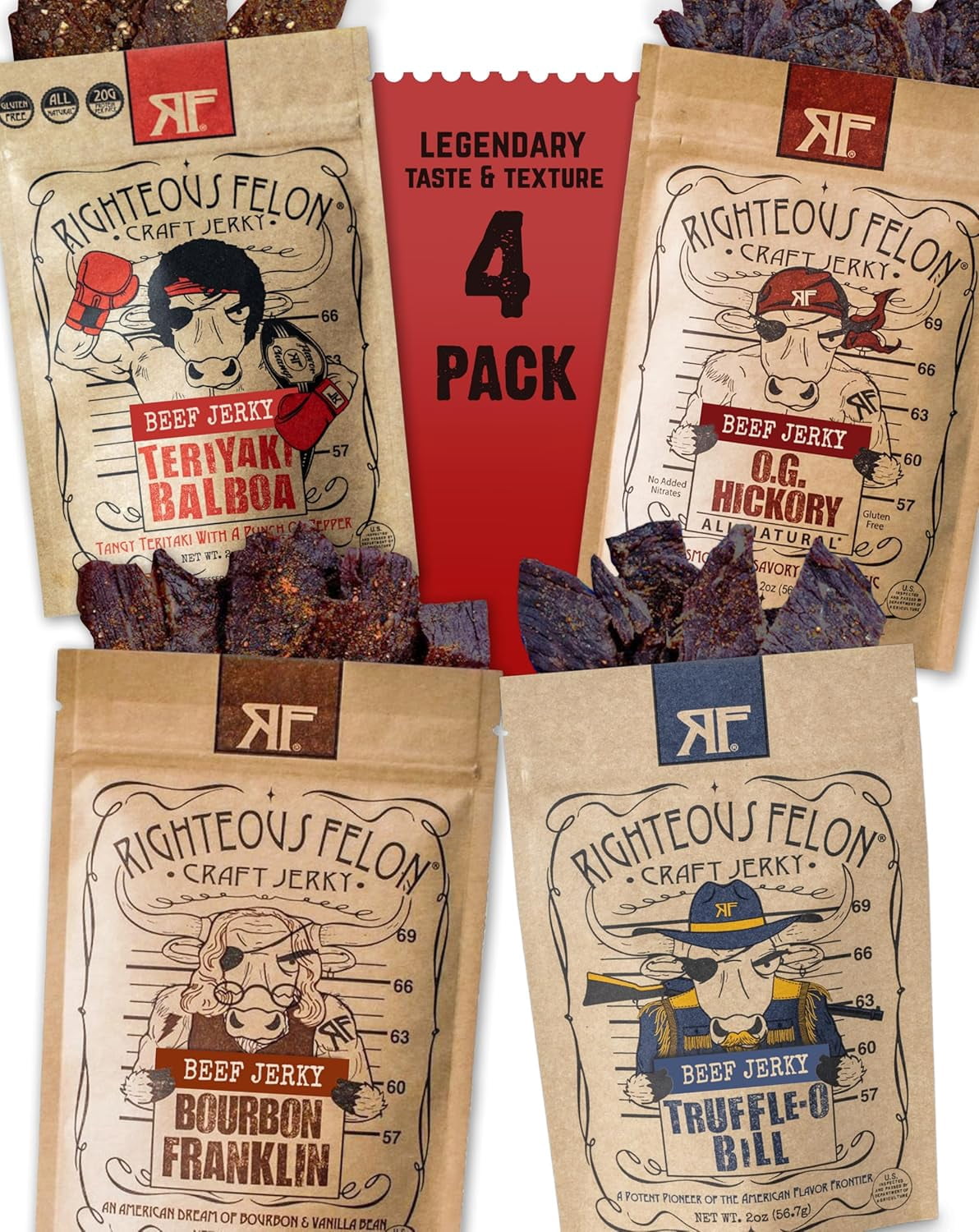 Righteous Felon Beef Jerky Variety Pack, Savory 4 Pack, 2 oz Bags, Low ...