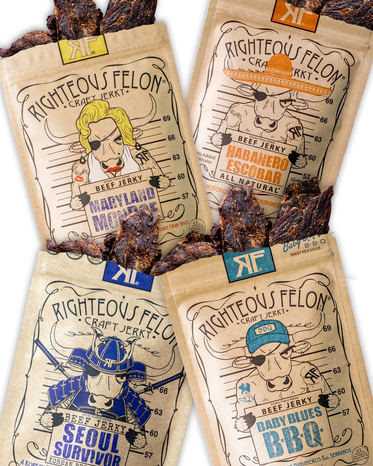 Righteous Felon Beef Jerky Variety Pack, 2 oz Bags, Low Calorie, High ...