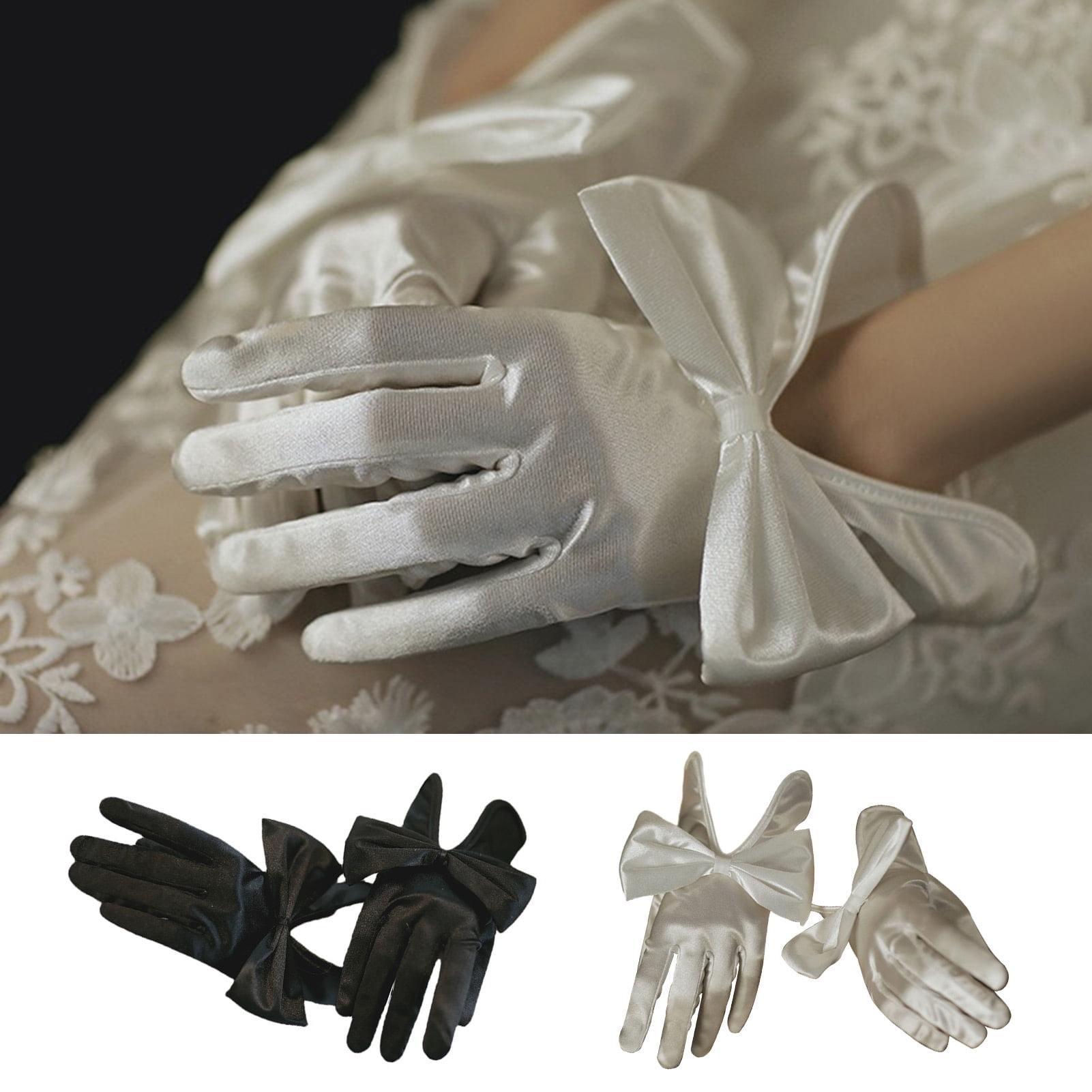 Riguas 1 Pair Women Gloves Satin Bow Decor Solid Color Fiver Fingers ...