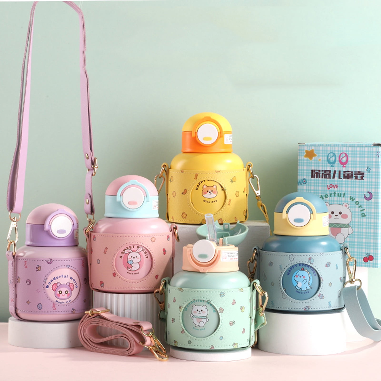 Riguas 1 Set 520ML Straw Thermal Cup with Strap Anti spray Leak Proof Cartoon Top Lid Children ...