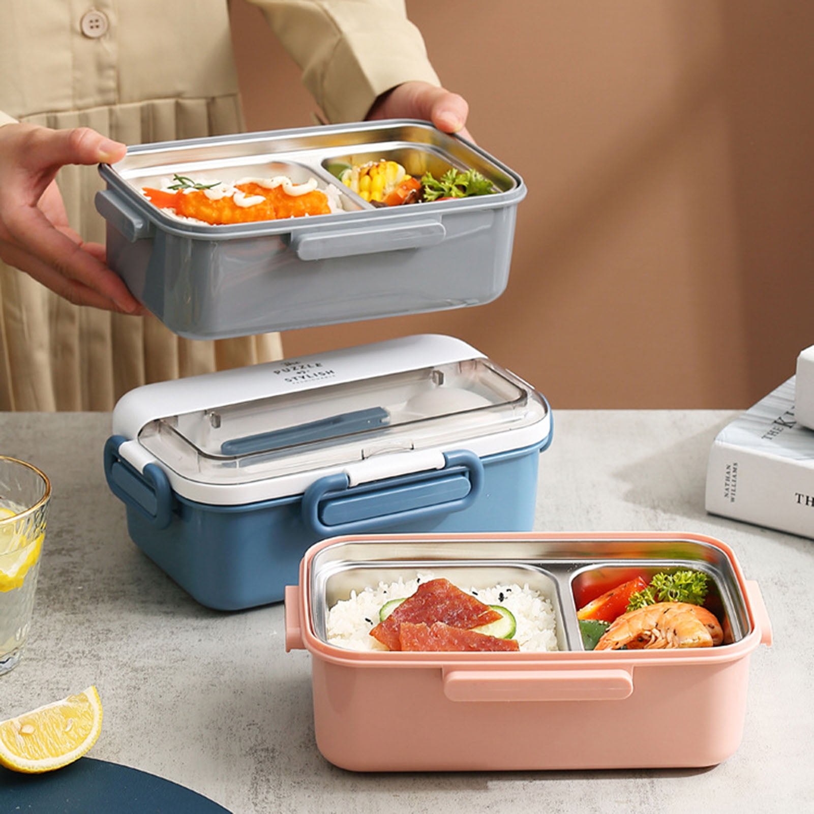 Riguas 1 Set 900ml 304 Stainless Steel Lunch Box with Cutlery Slot Leak ...
