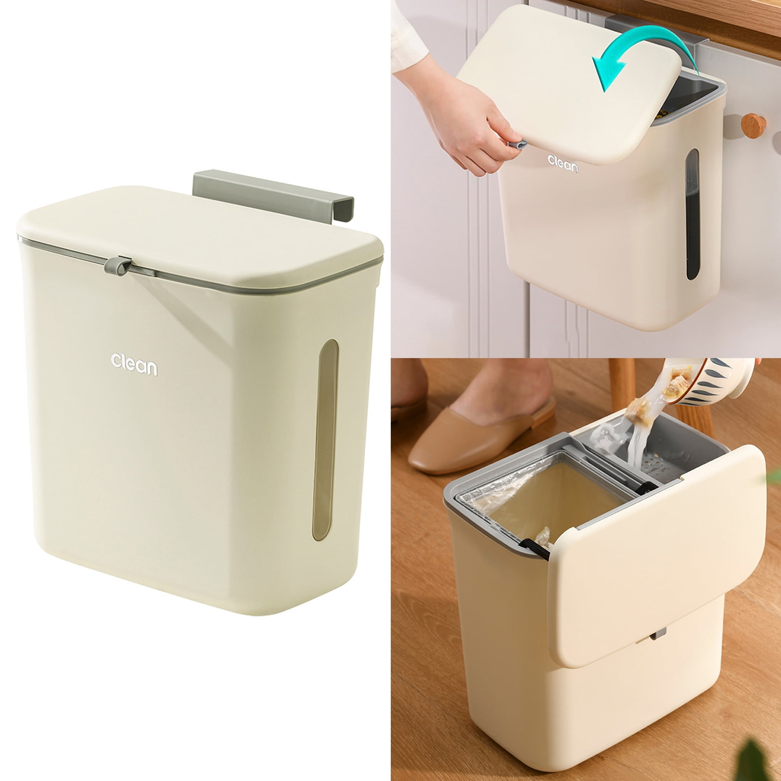 Riguas 12L Kitchen Hanging Trash Can with Lid Wall-Mounted Garbage Can ...