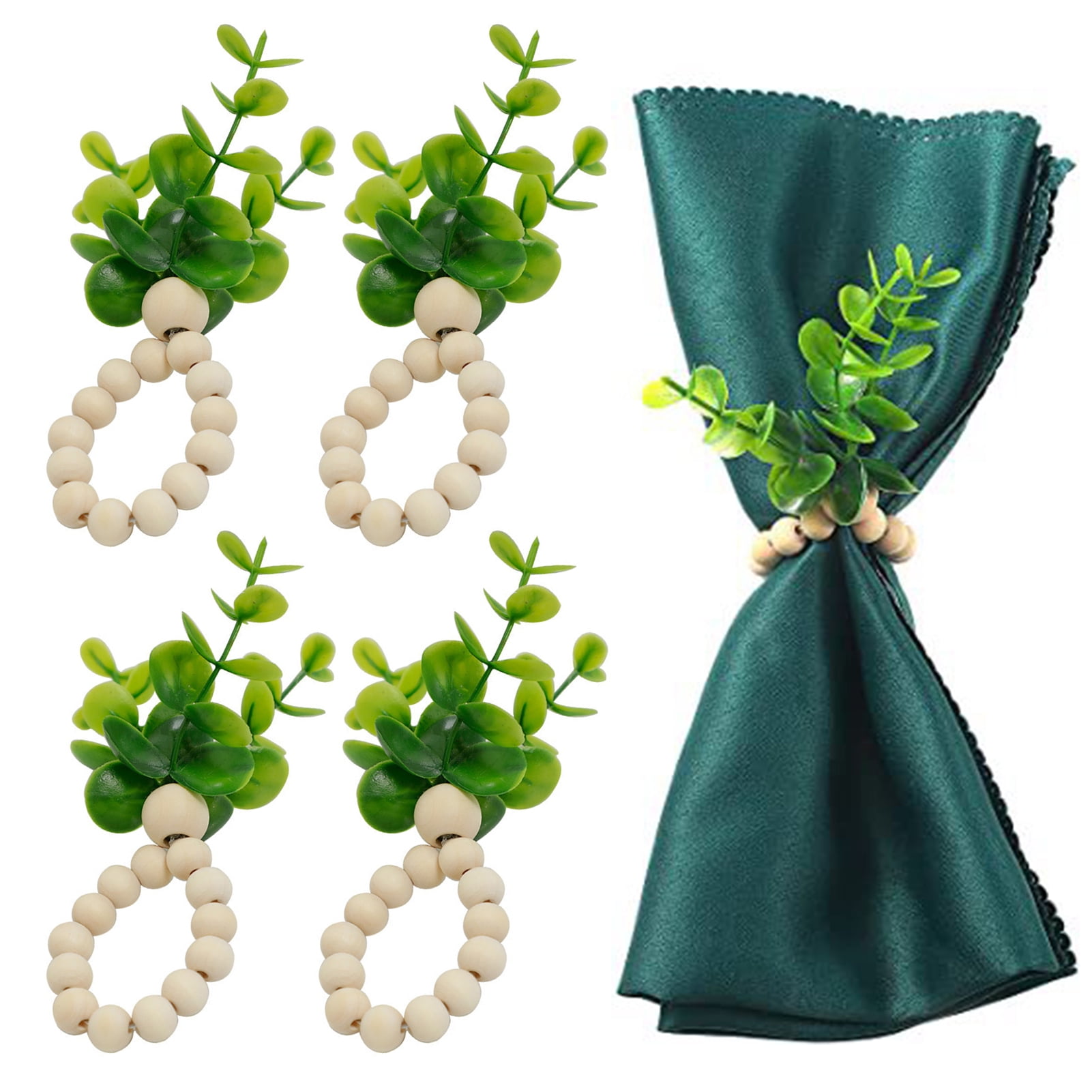 Riguas 6Pcs/Set Artificial Eucalyptus Napkin Ring Rustic Wooden Beads ...