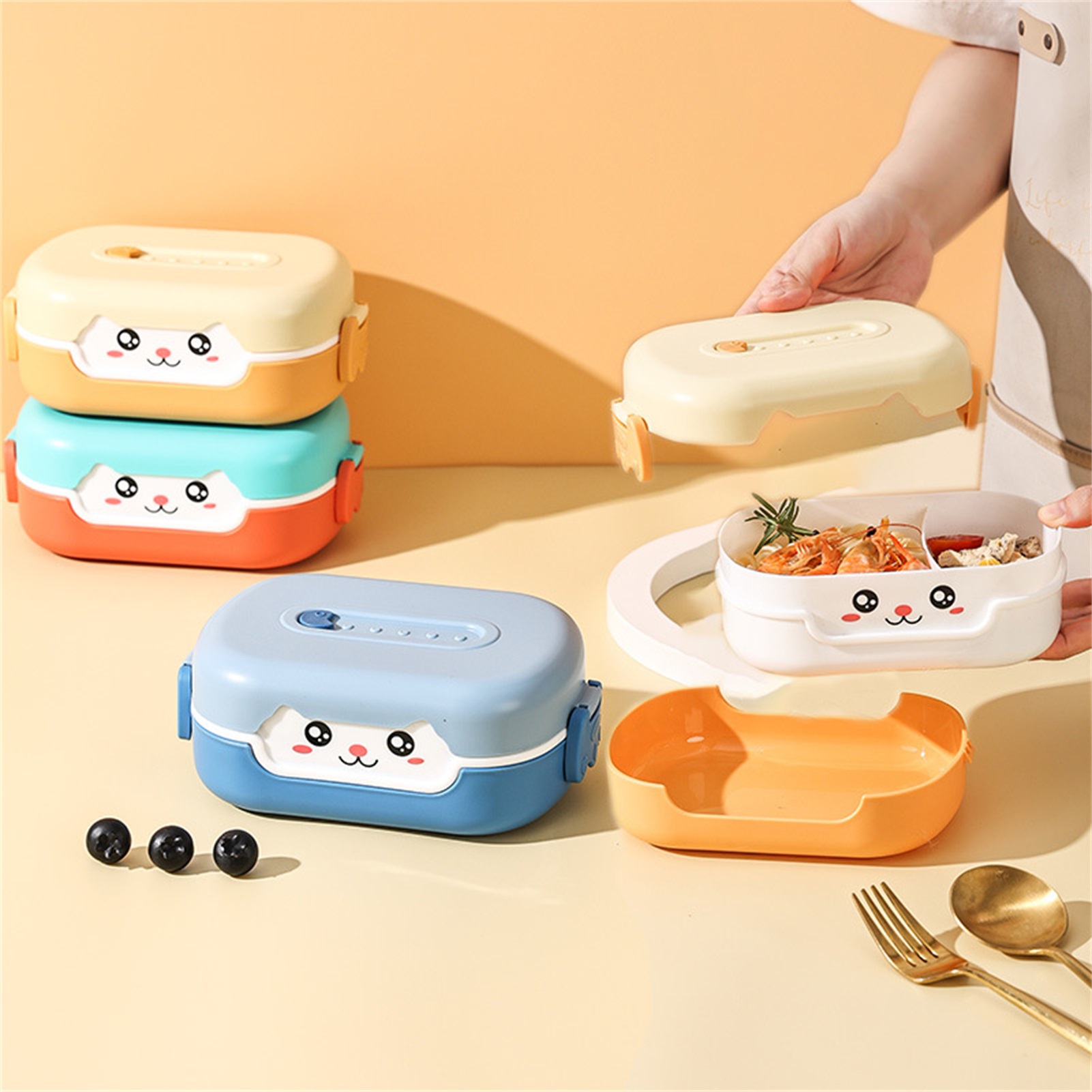 Riguas 700ML Lunch Box Cartoon Cats Pattern Double Insulation Leakproof ...