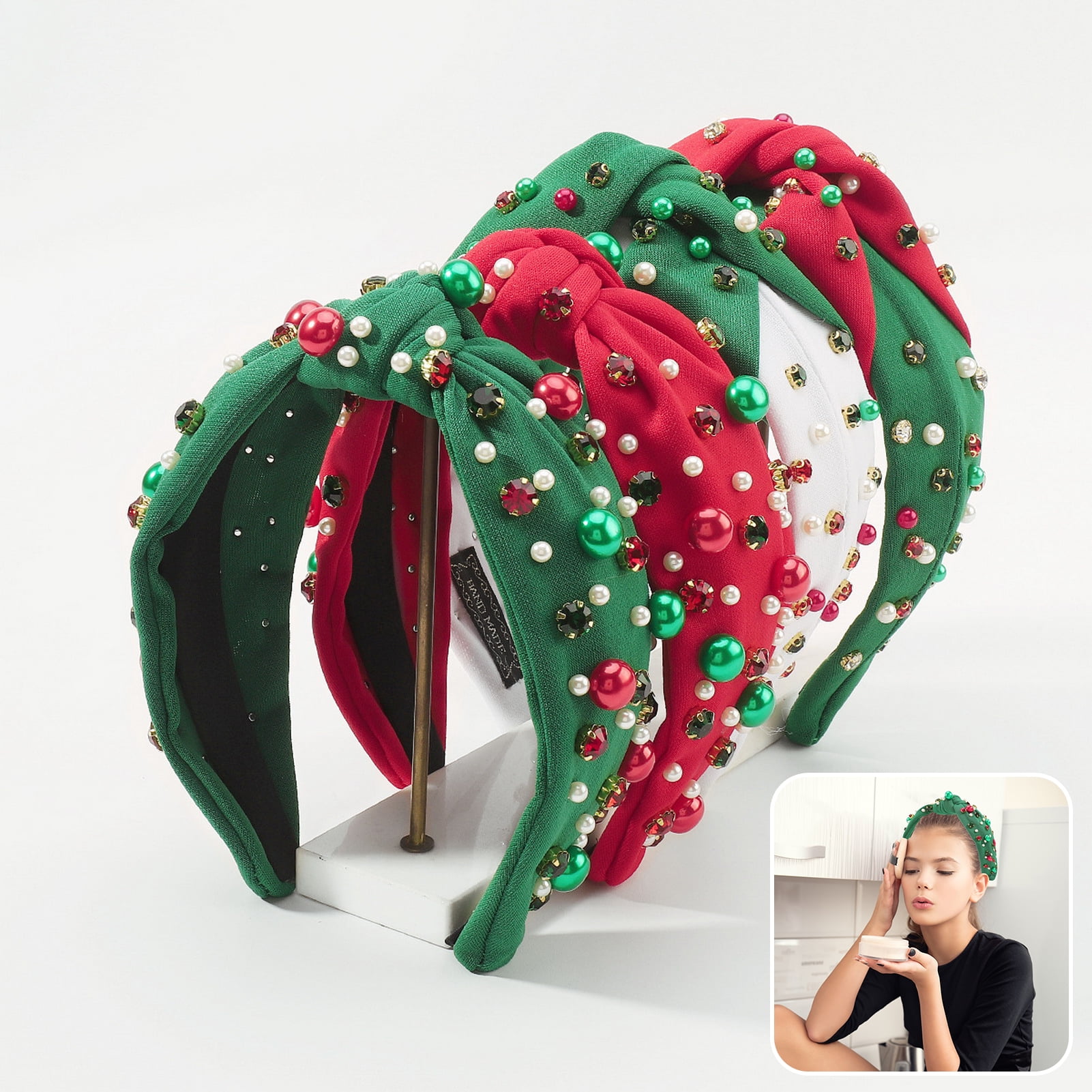 Riguas Christmas Festive Headband Wide-Brimmed Beaded Contrast Color ...