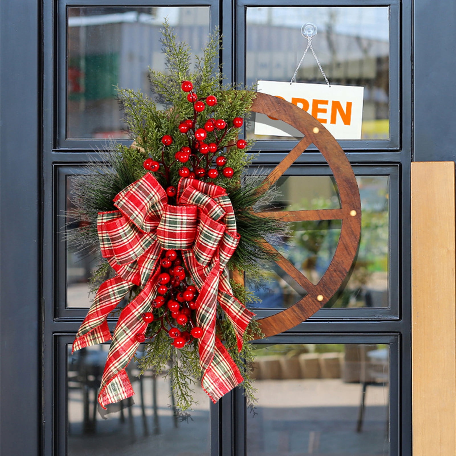 Riguas Christmas Wreath Front Door Decoration Large Wood Wheel & Red ...