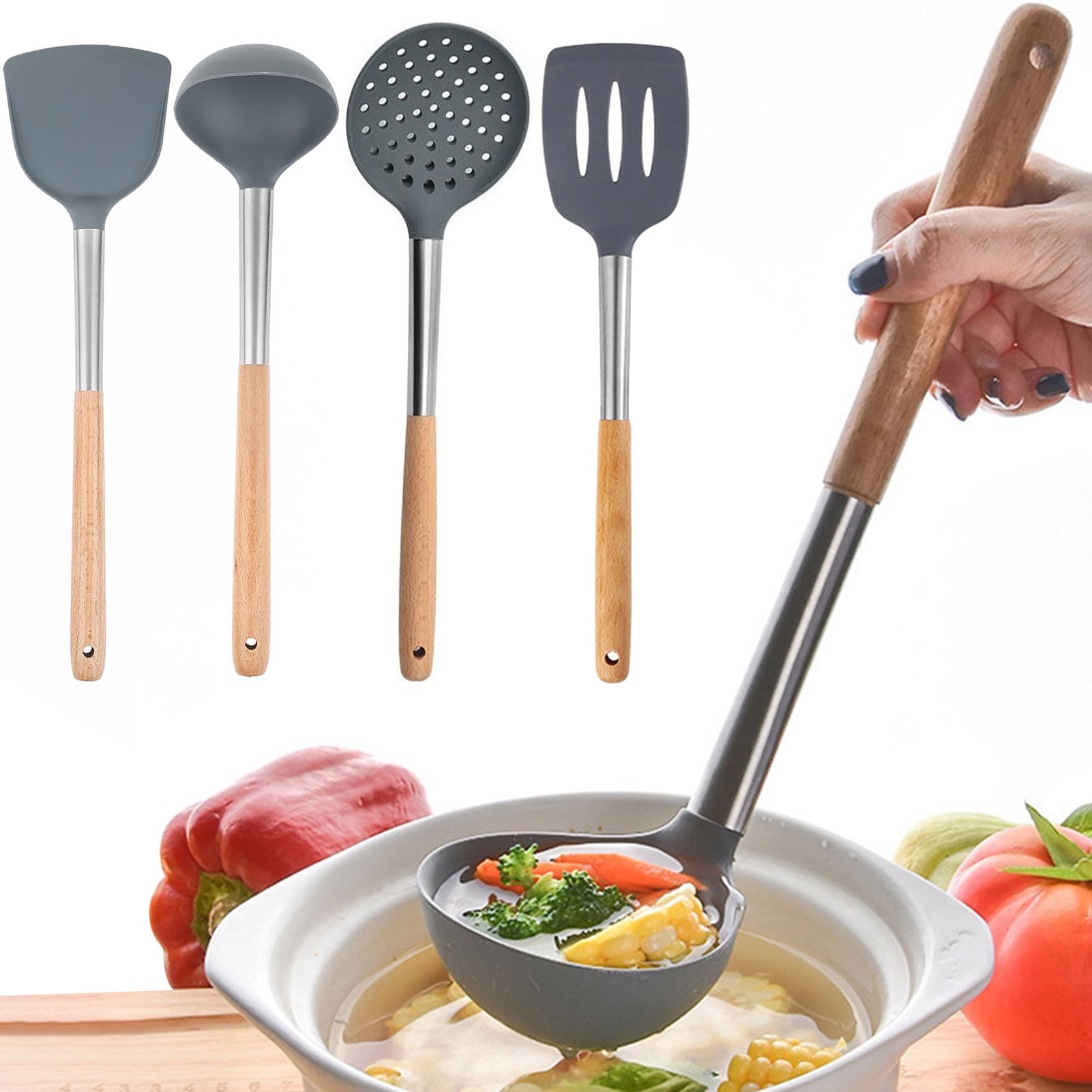 Riguas Cooking Spatula Food Grade Non-stick Wooden Handle Silica Gel ...