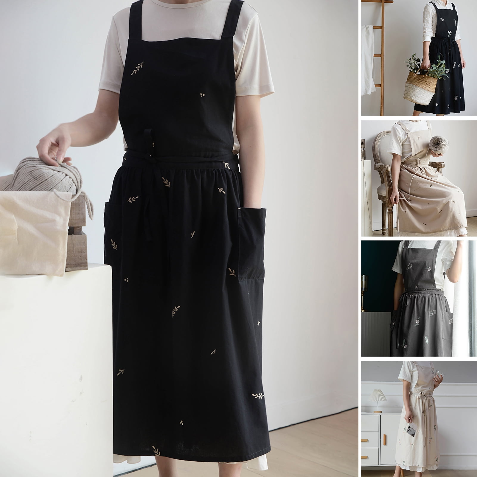 Riguas Cross Back Cooking Apron Breathable Retro Cotton Embroidered Bib ...