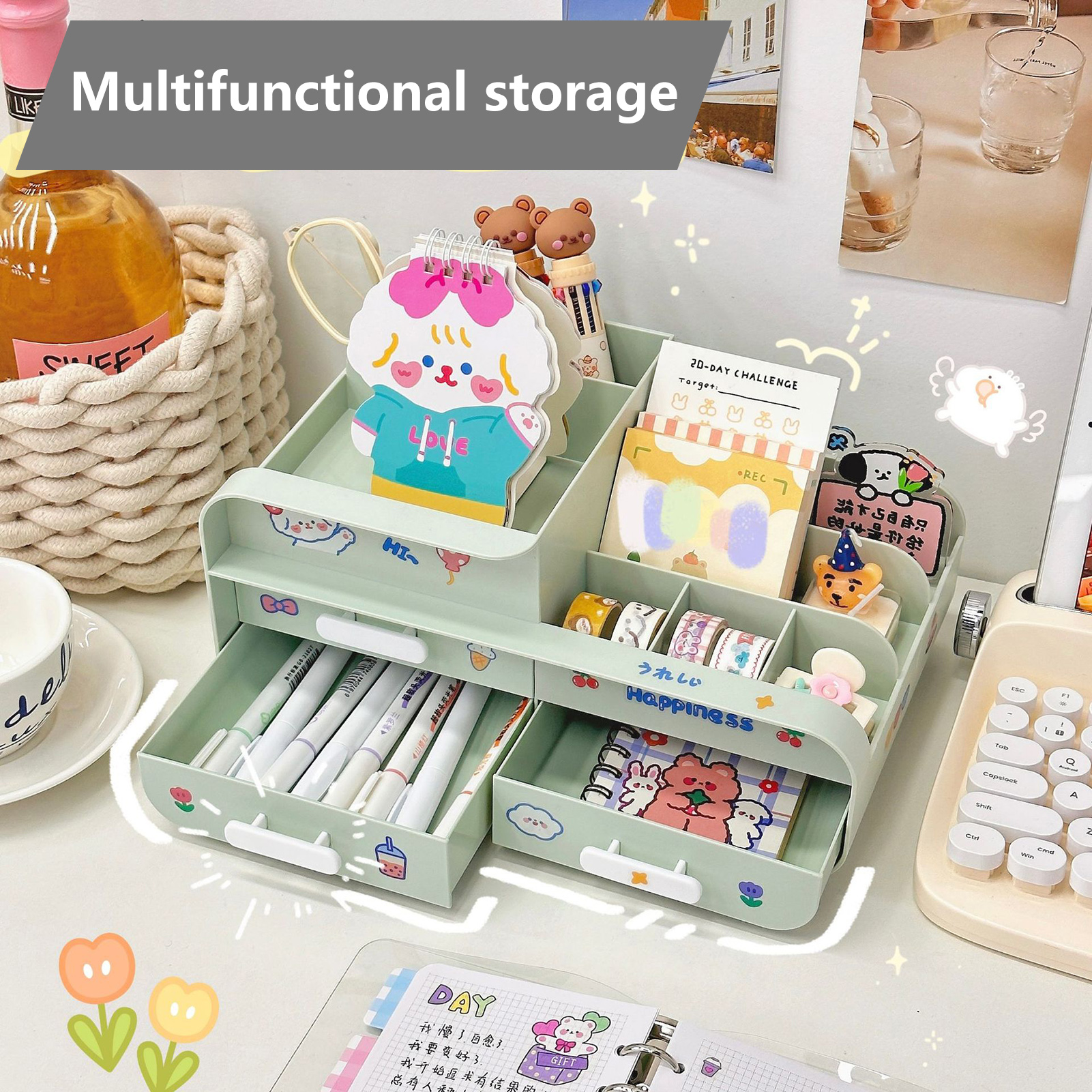 Riguas Desktop Storage Box with Drawers Gridded Classify Storing 3 ...