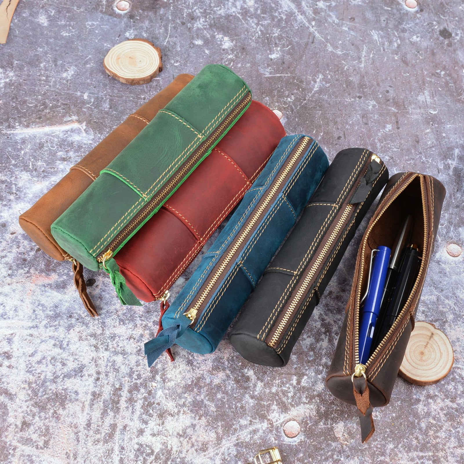 Riguas Faux Leather Pencil Case Pouch Retro Pen Case with Zipper ...