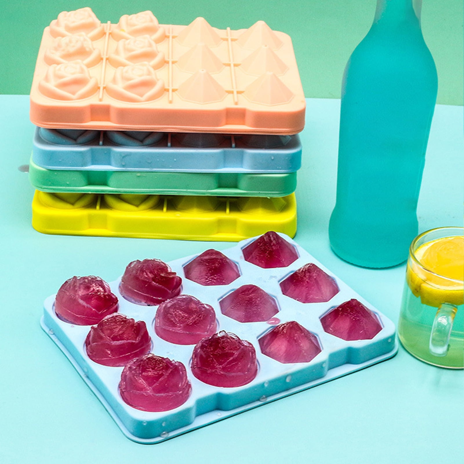 Riguas Ice Cube Mold Spill Resistant Removable Lid 12 Cavities Rose ...