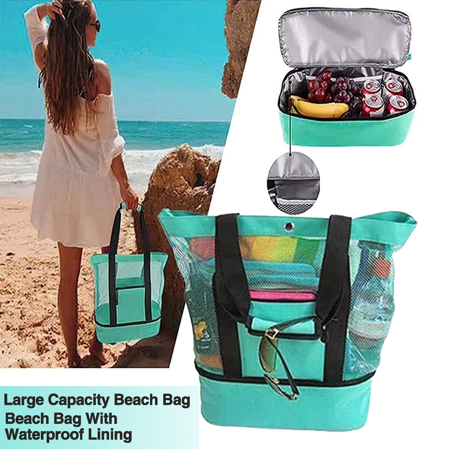 Riguas Mesh Beach Tote Bag with Insulated Cooler Bag Large Capacity ...