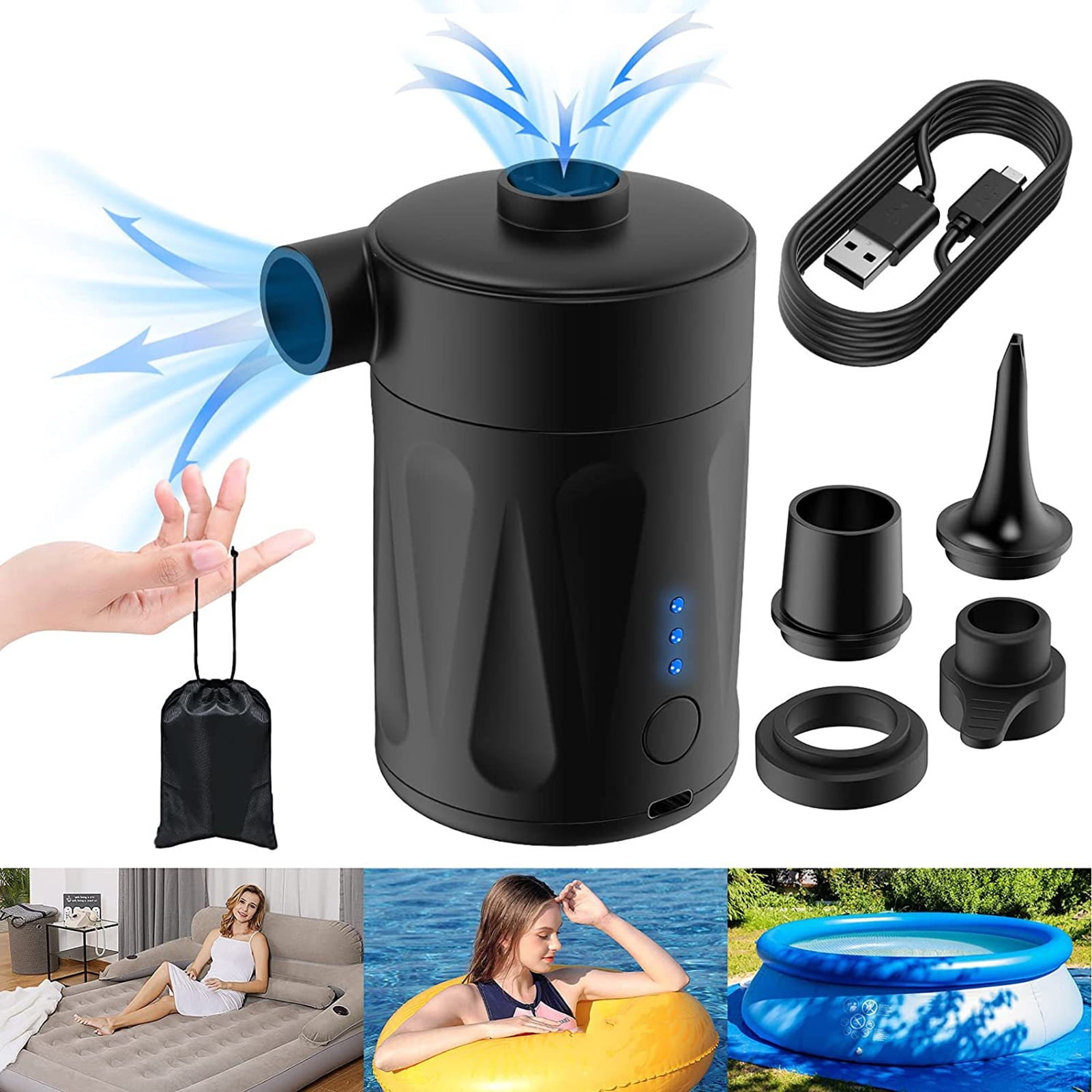 Riguas Portable Electric Air Pump with 4 Nozzles Rechargeable Mini ...