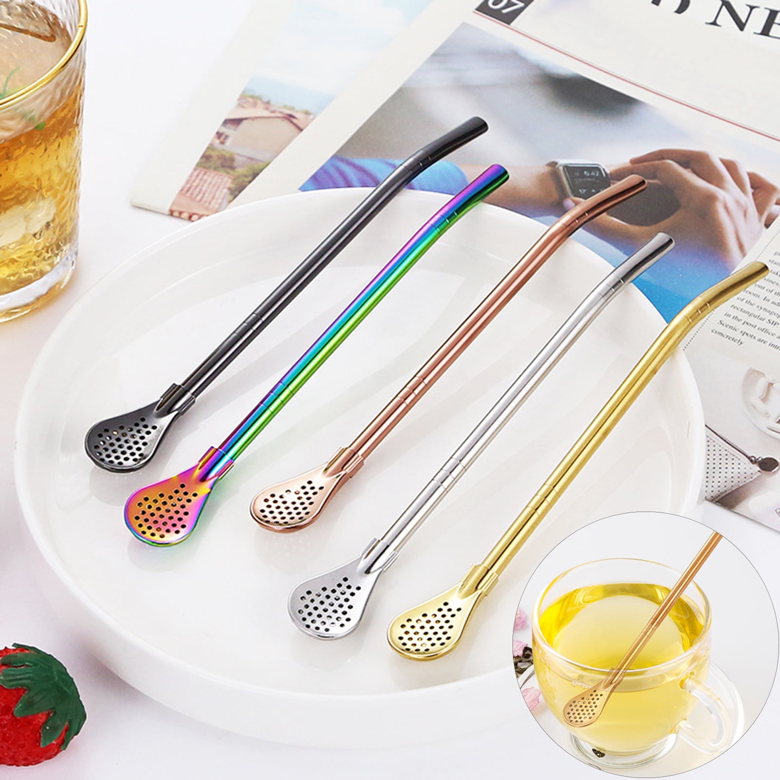 Riguas Tea Drinking Straws Spoon Filter Colorful Stainless Steel with ...