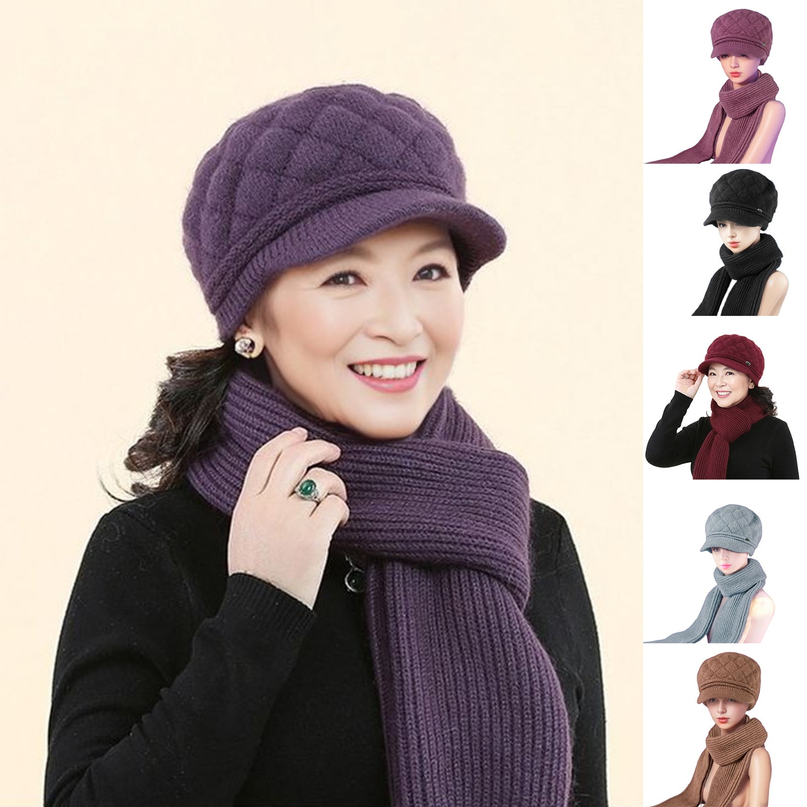 Riguas Winter Hat Scarf Set Knitted Thick Warm Soft Elastic Short Brim ...