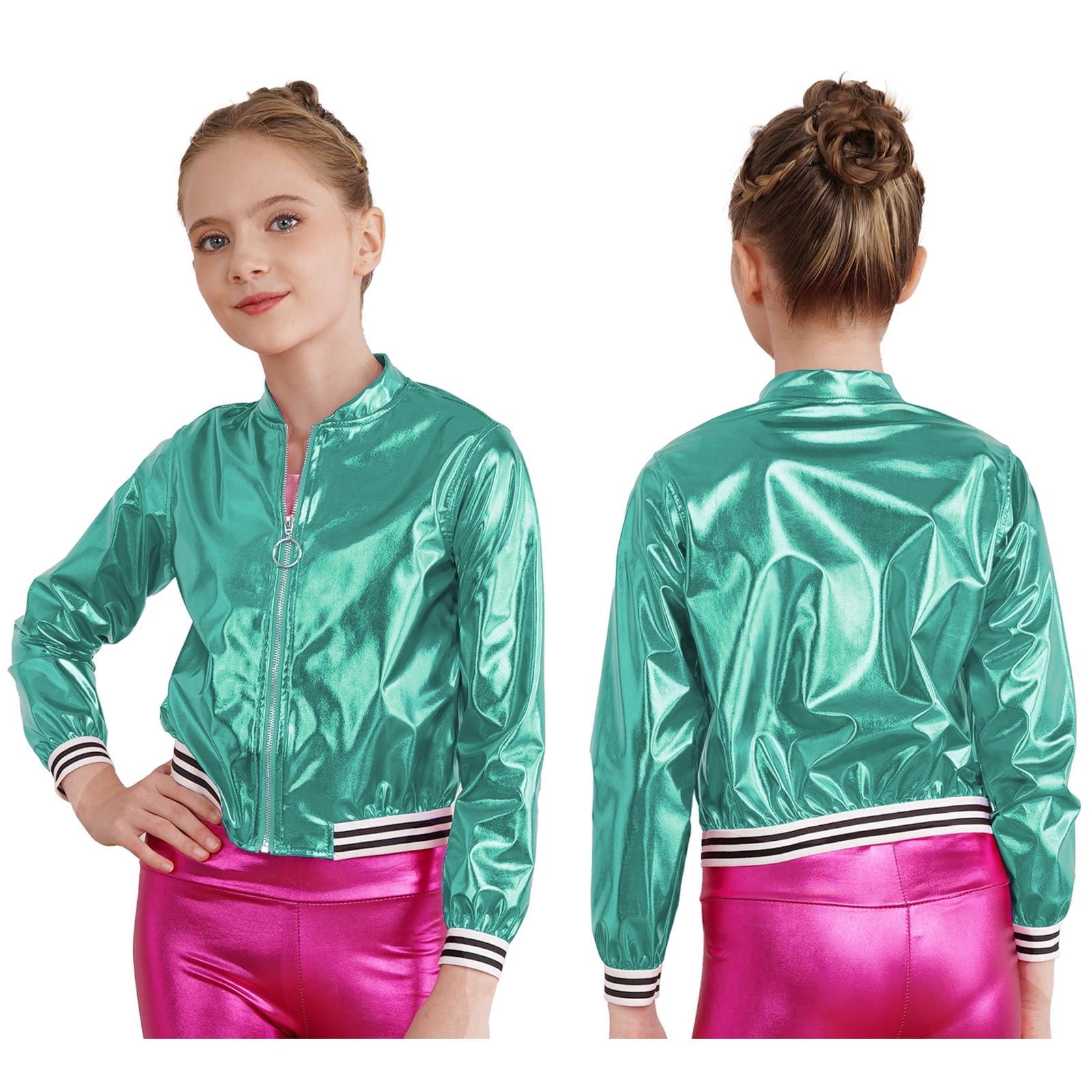 Riismen Kids Girls Metallic Bomber Jacket Coat Zip Up Outerwear Jazz Hip Hop Modern Dance Top ...