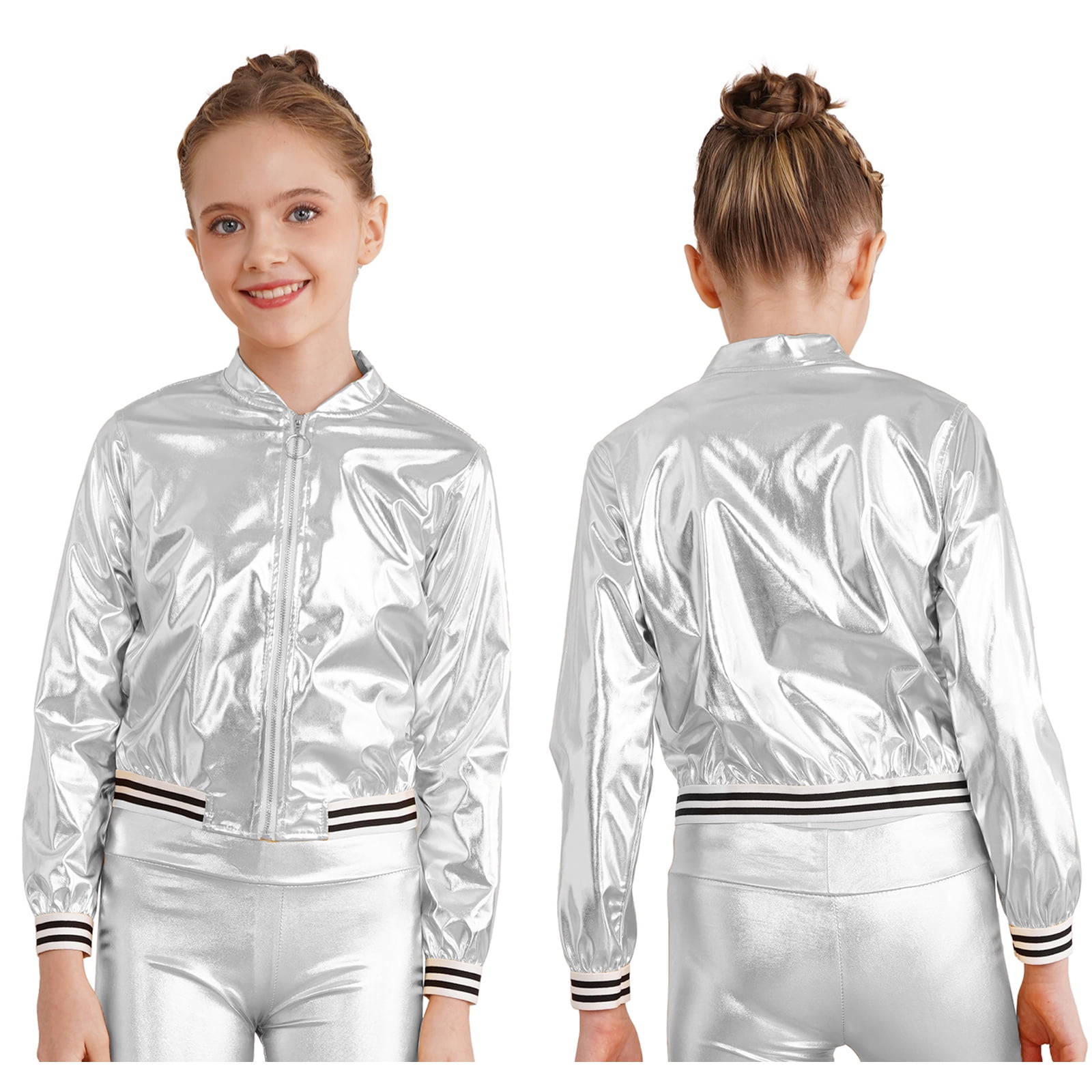 Riismen Kids Girls Metallic Bomber Jacket Coat Zip Up Outerwear Jazz ...
