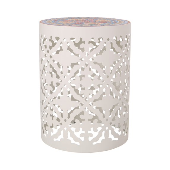 Riki Side End Table, 14 Inch, Mosaic Tile Rattan, White Lace Cut Metal ...