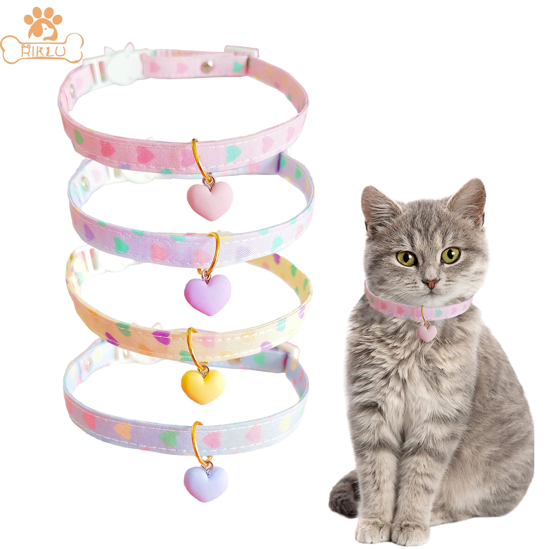 Riklu 4 Pcs Breakaway Cat Collars，Nylon Heart Pattern Adjustable Cat ...