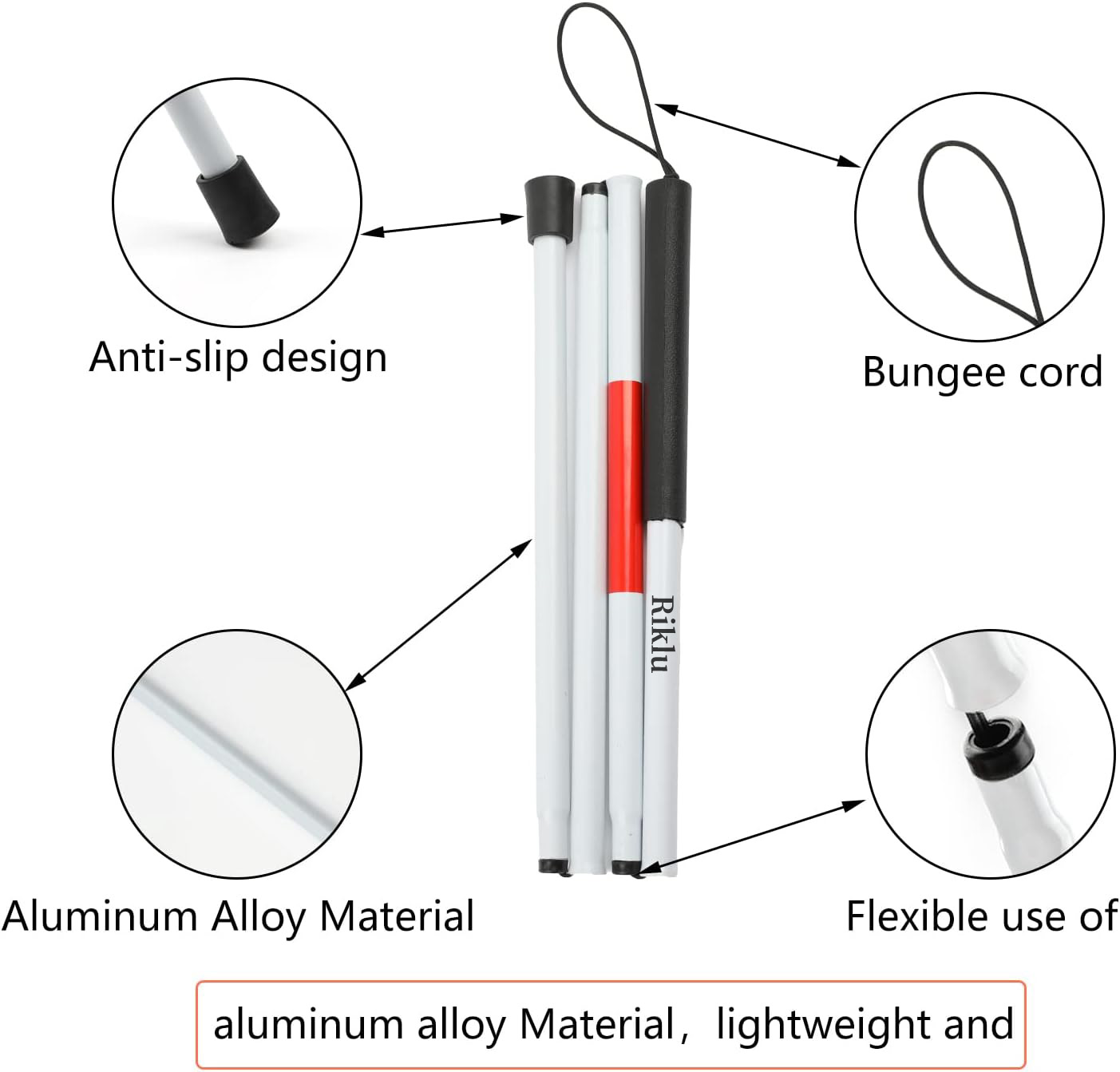 Riklu Folding Blind Cane Walking Stick with Red Reflective Tape for The ...