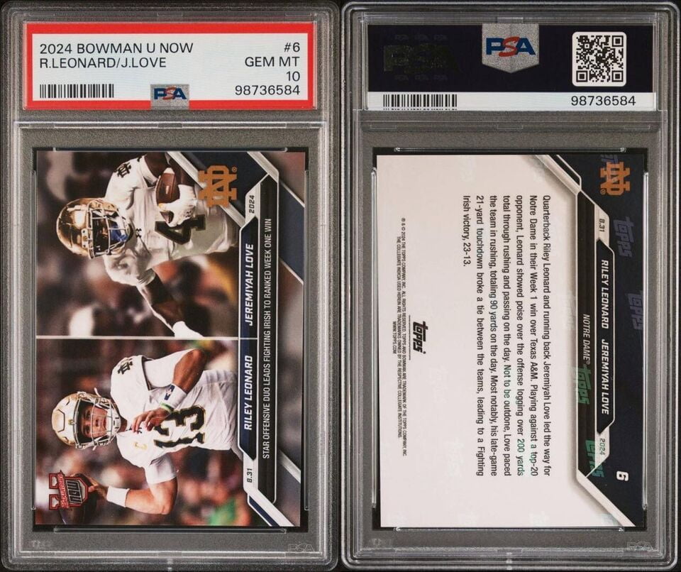 Riley Leonard / Jeremiyah Love #6 - 2024 Bowman U Now - PSA 10 GEM MT ...