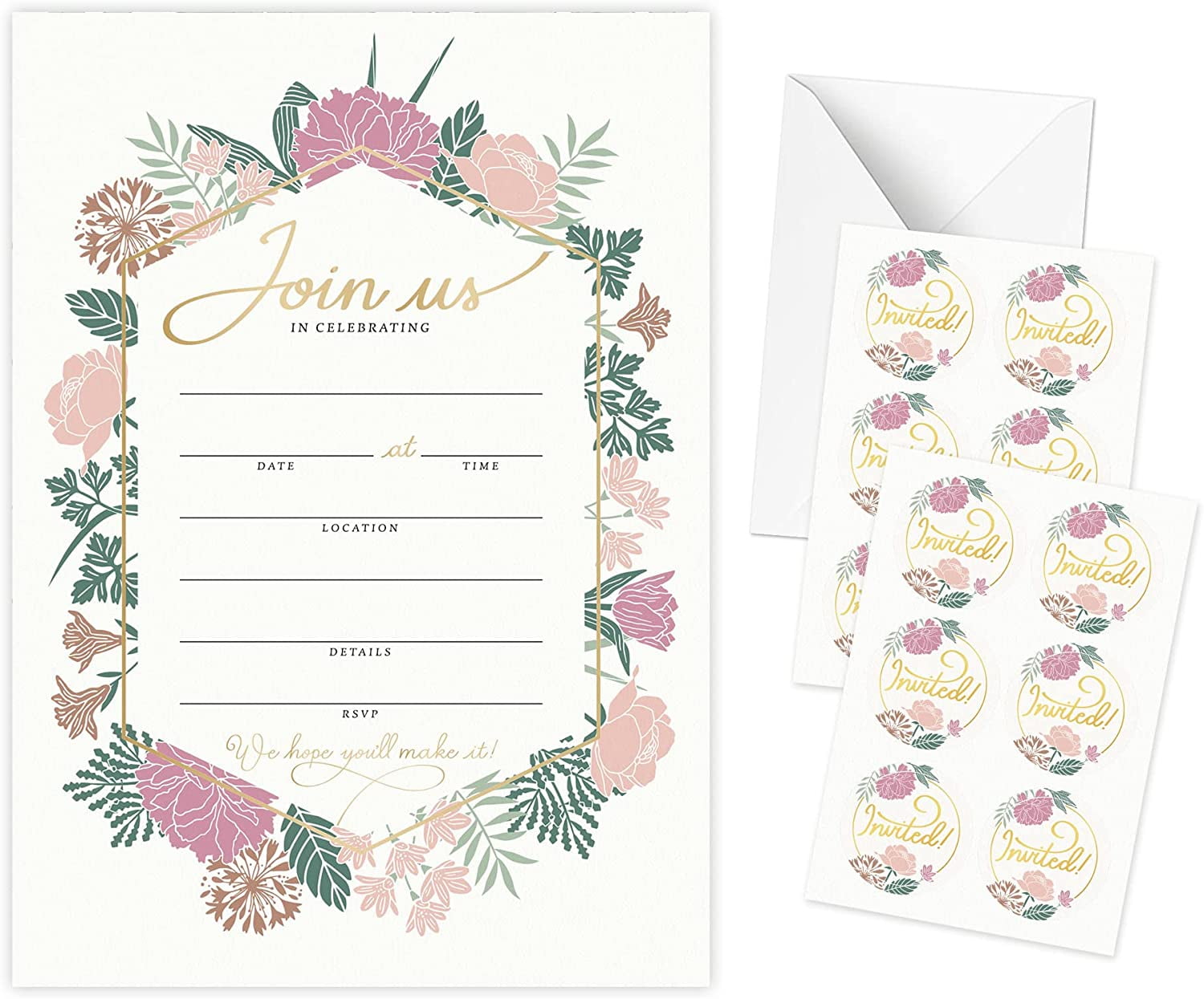 Rileys & Co 50 Blank Invitation Cards, Envelopes, Bonus Stickers, 7 x 5 ...