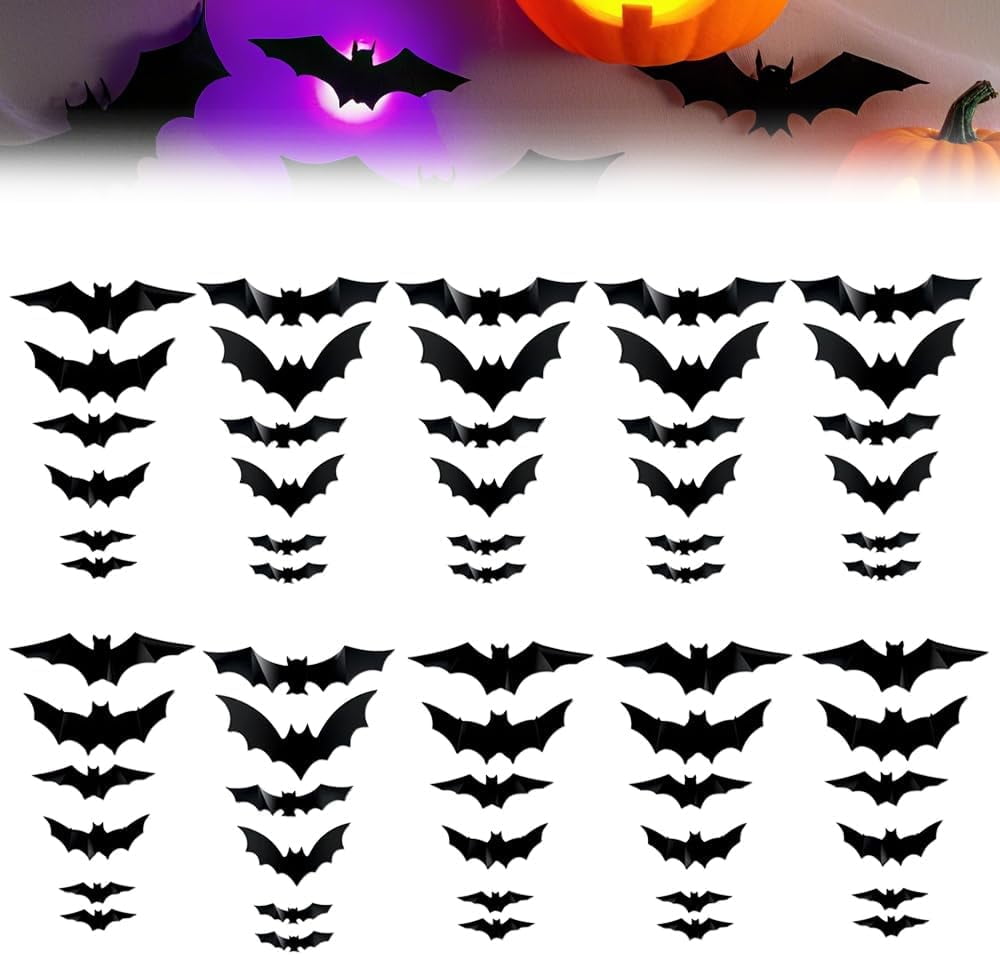RimdGhov 2025 Halloween 3D Glow Bats - 48PC LED Purple Light-Up Bat ...