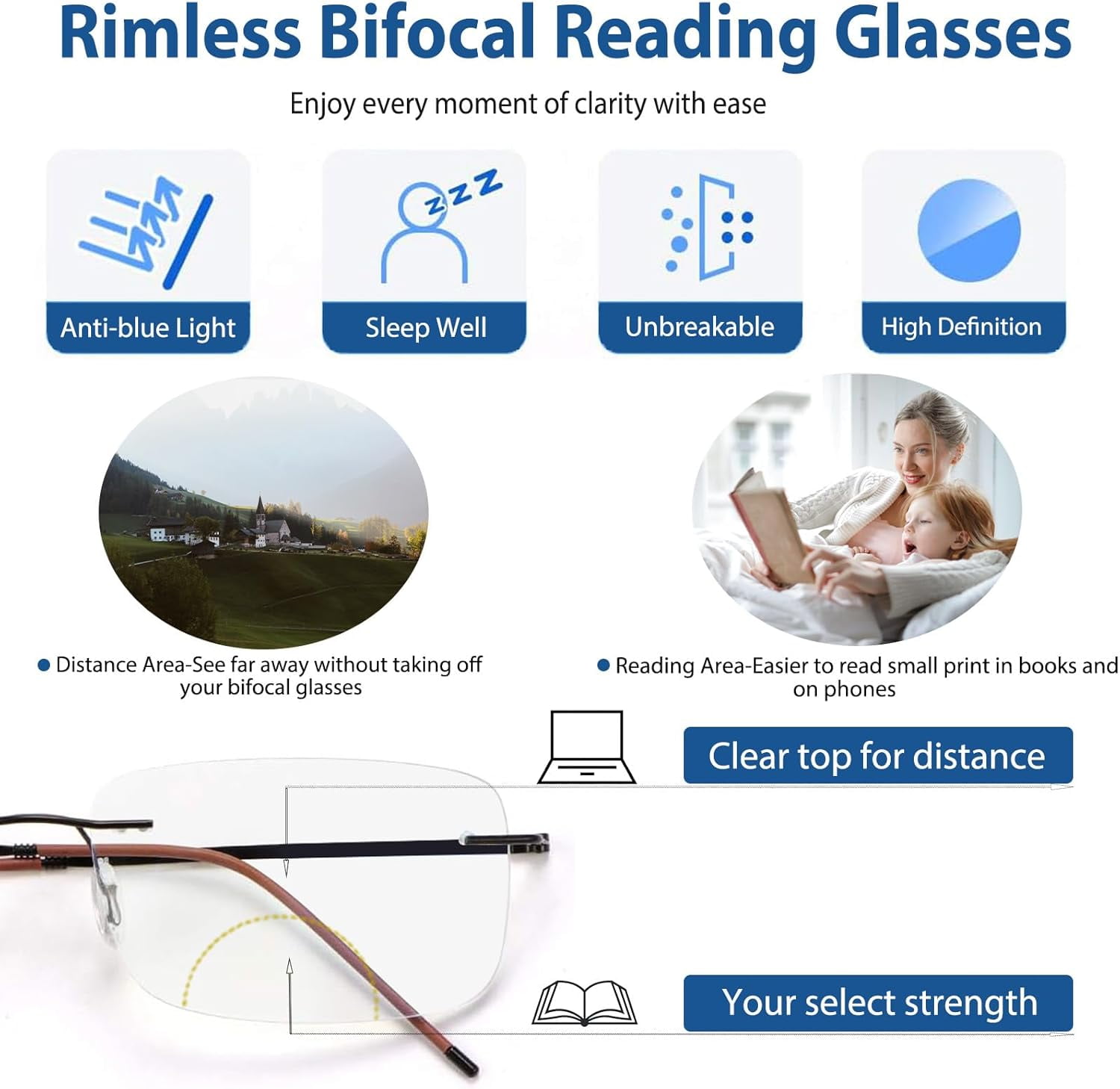 Rimless Bifocal Photochromic Reading Glasses Men Computer Readers Anti ...