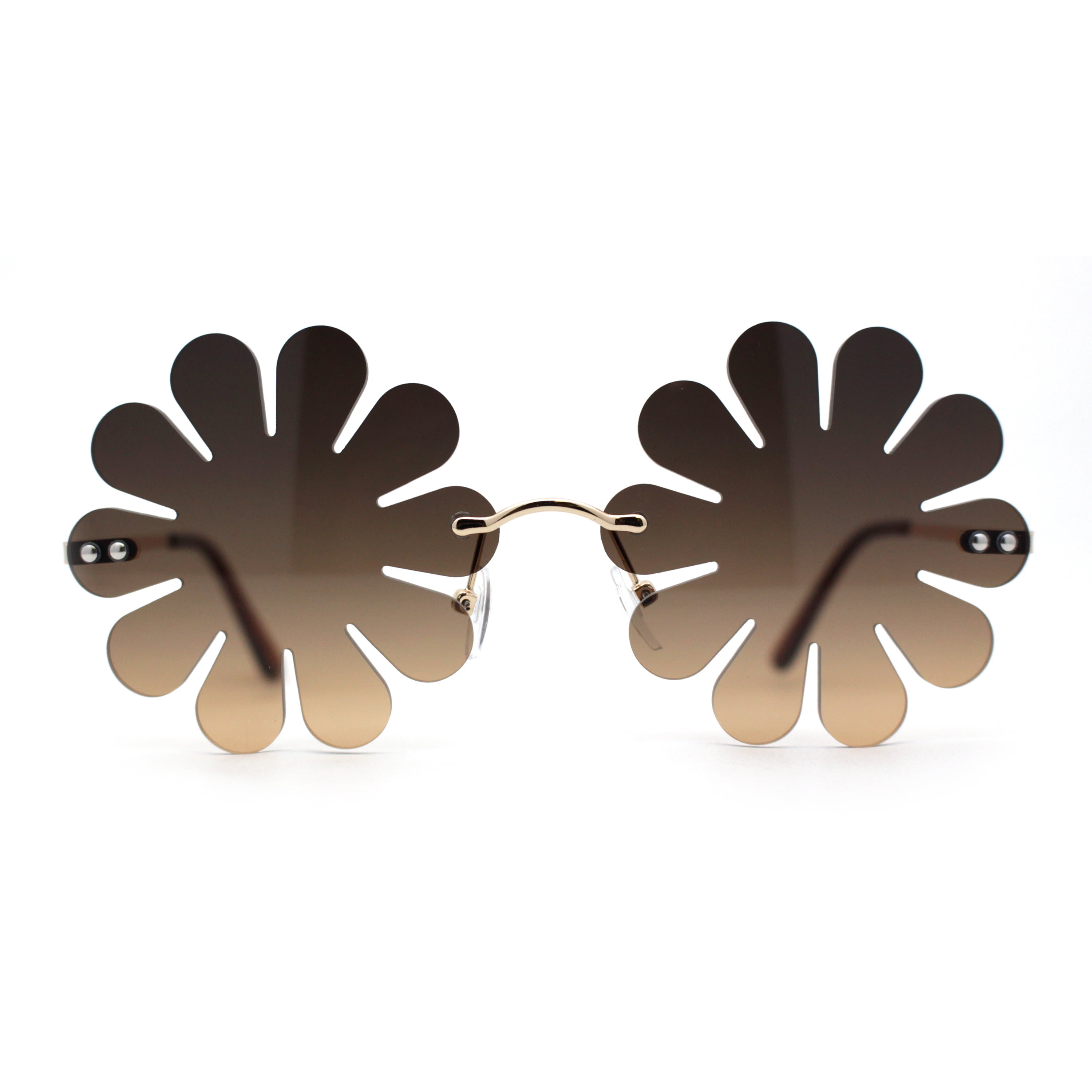 Rimless Daisy Shape Round Bohemian Hippie Sunglasses Gold Brown ...