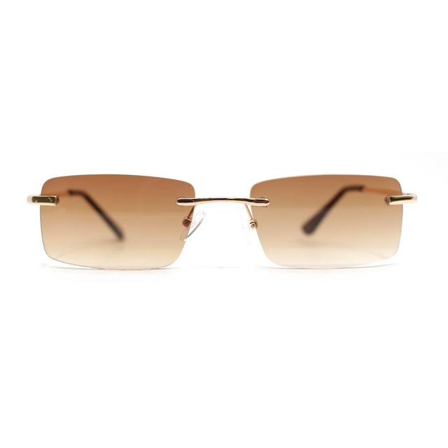 Rimless Narrow Rectangle Minimal Simple Dad Sunglasses Gold - Brown ...