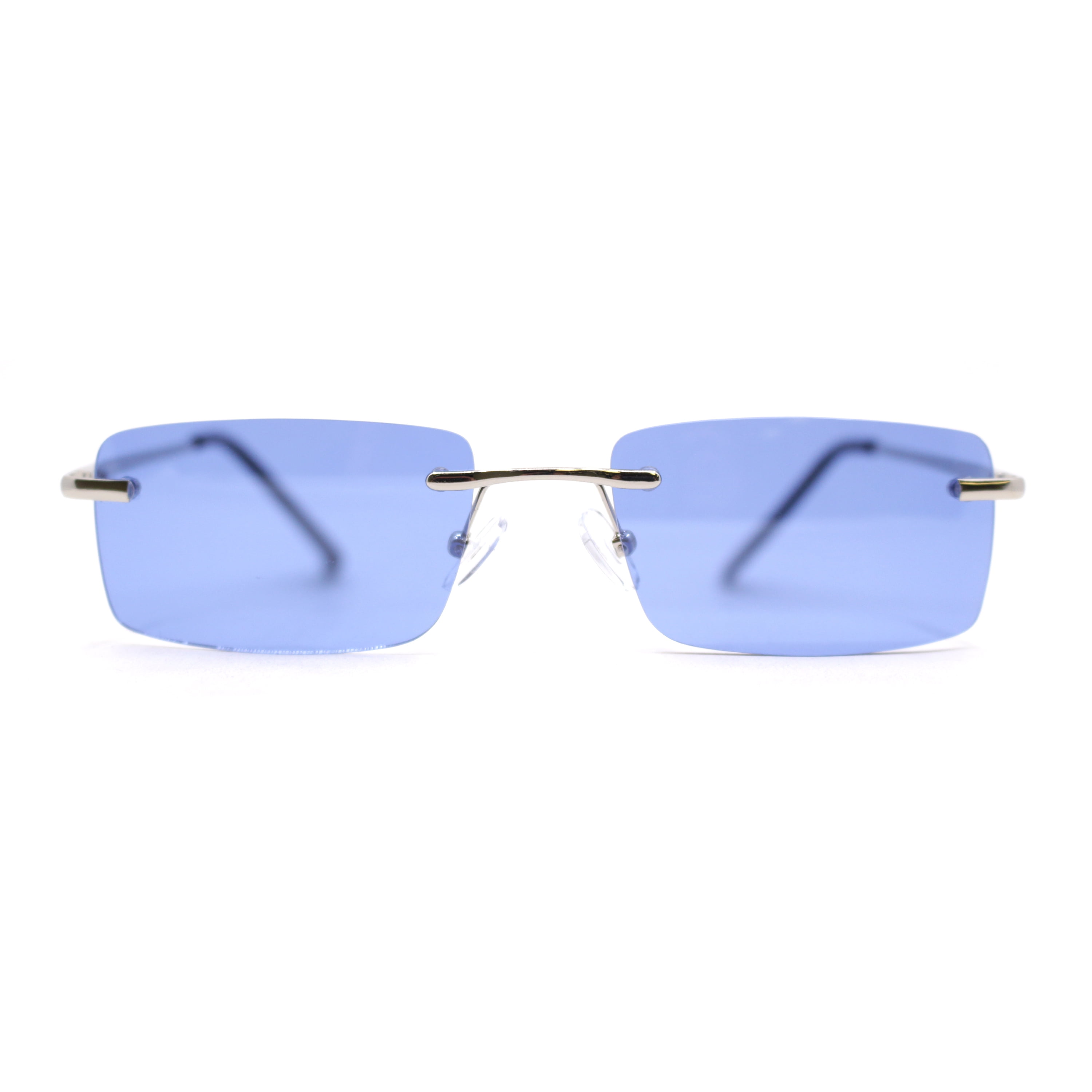 Rimless Narrow Rectangle Minimal Simple Dad Sunglasses Silver - Blue ...