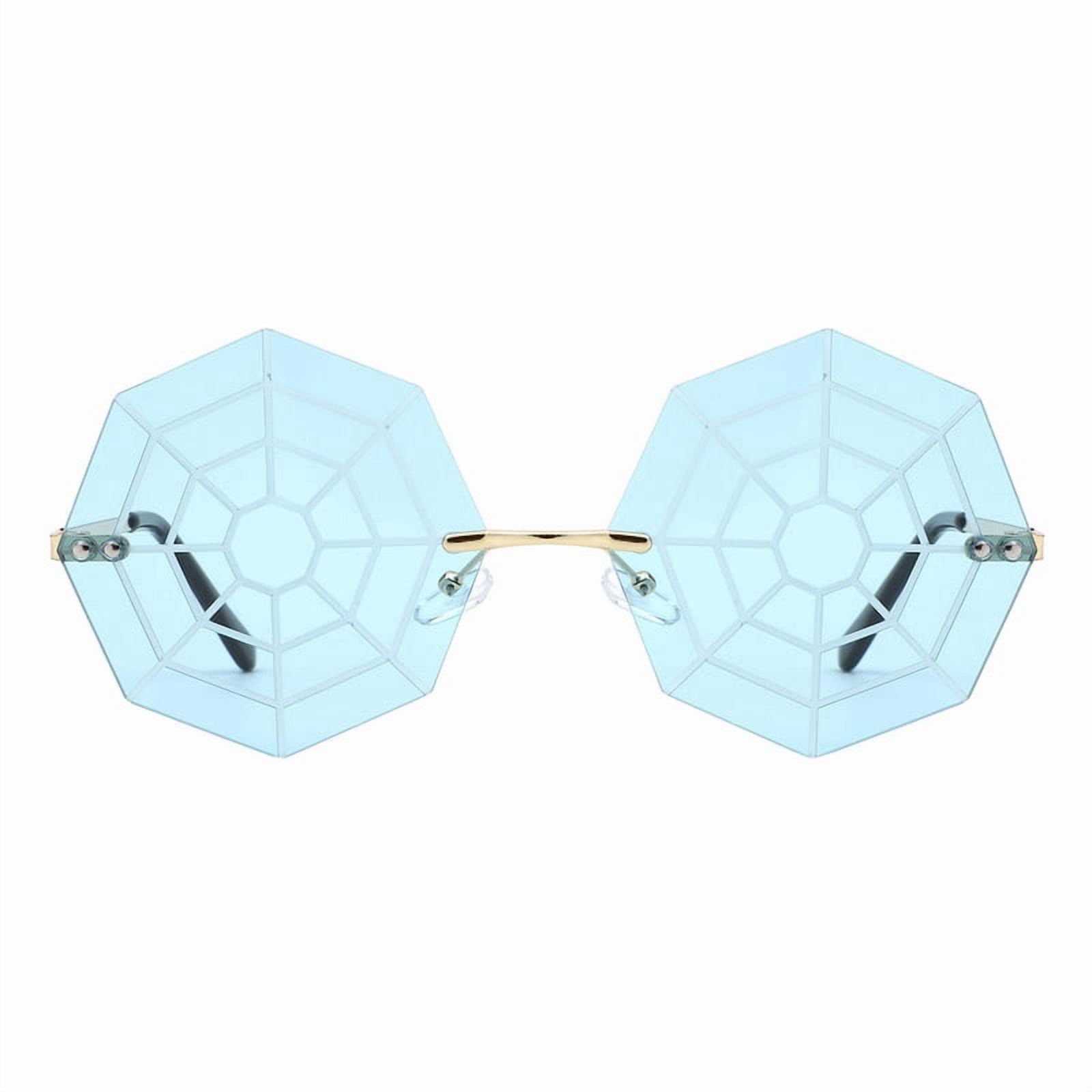 Rimless Octagon Shape Sunglasses Unisex Light Blue Spider Web Design ...