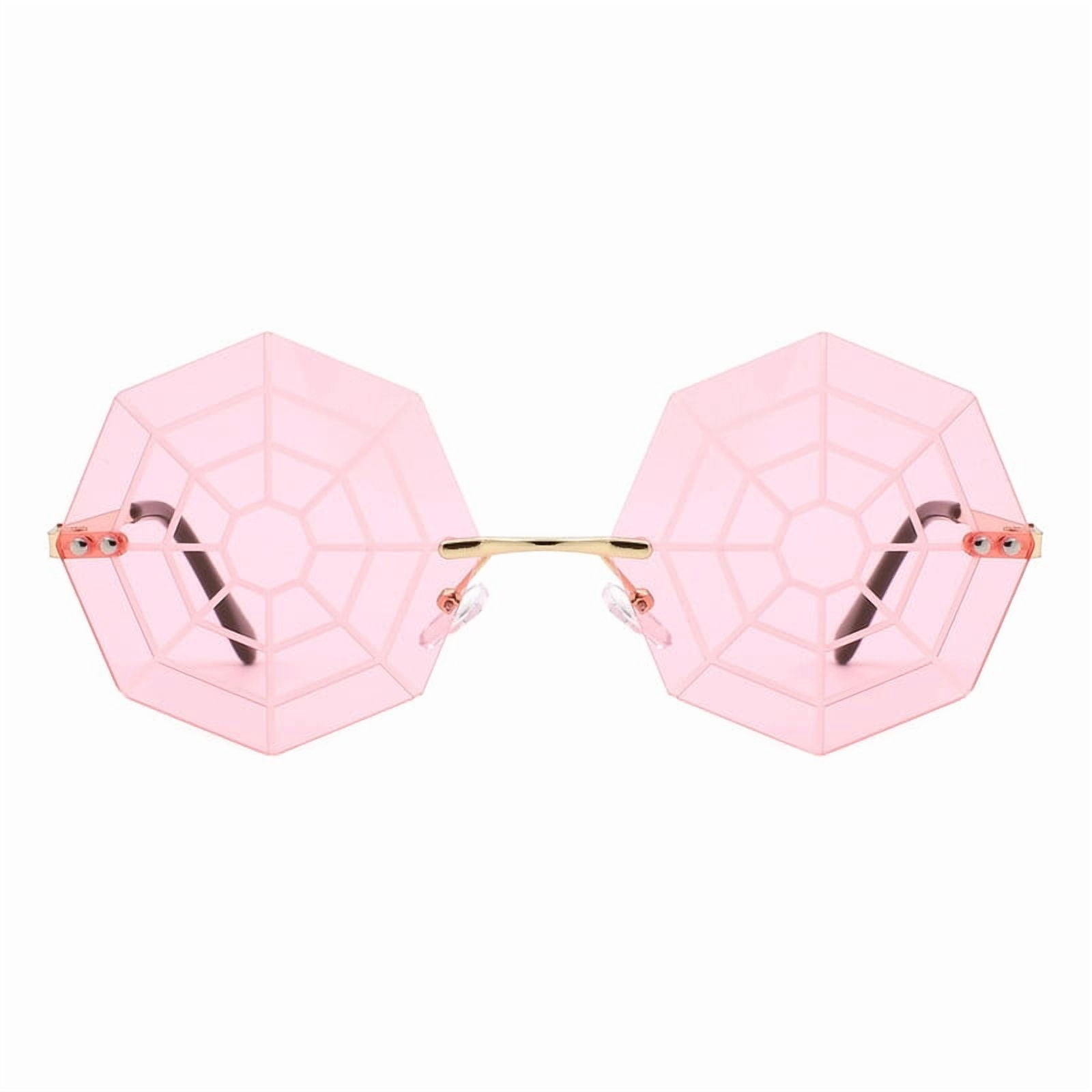 Rimless Octagon Shape Sunglasses Unisex Pink Spider Web Design Lens ...