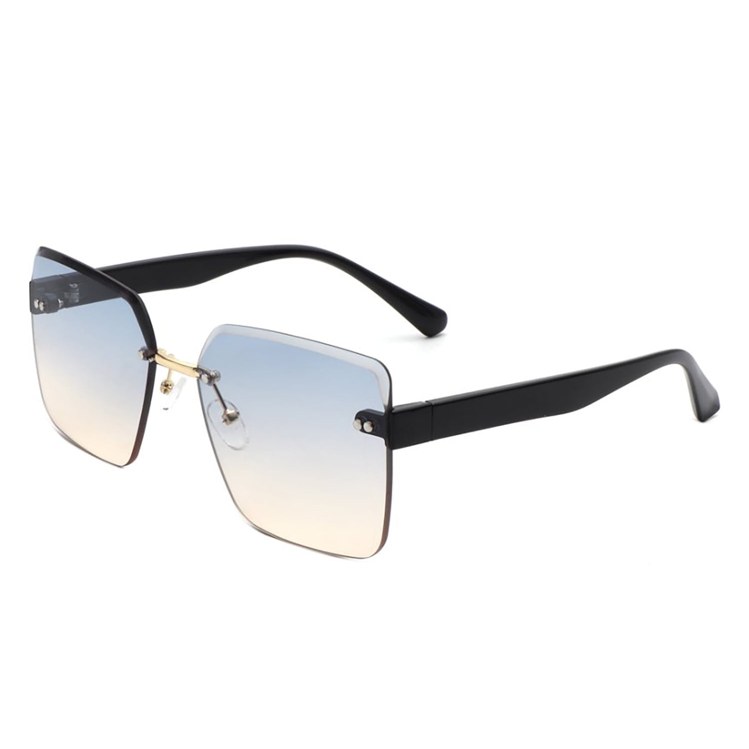 Rimless Square Sunglasses, Light Blue Gradient Lens Black Frame Gold ...