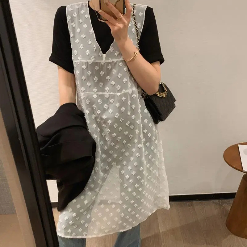 Rimocy Spring Summer V Neck Sheer Mesh Dress Women Korean Fashion ...