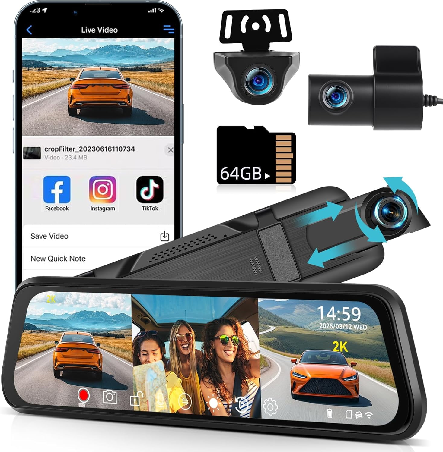 Rimoody 2K Mirror Dash Cam 3 Channel - 9.66 Inch IPS Touchscreen Smart ...
