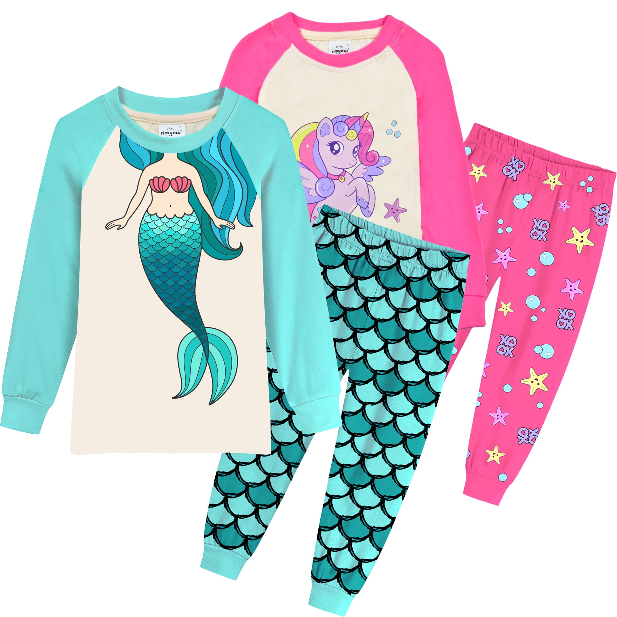 Rimyaw Toddler Girls Pajamas 4pcs Graphic Mermaid Unicorn Sleepwear ...