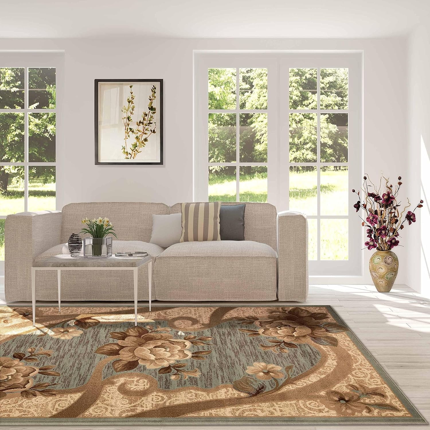 Rinceau Collection Indoor Area Rug with Jute Backing, Soft Floral ...