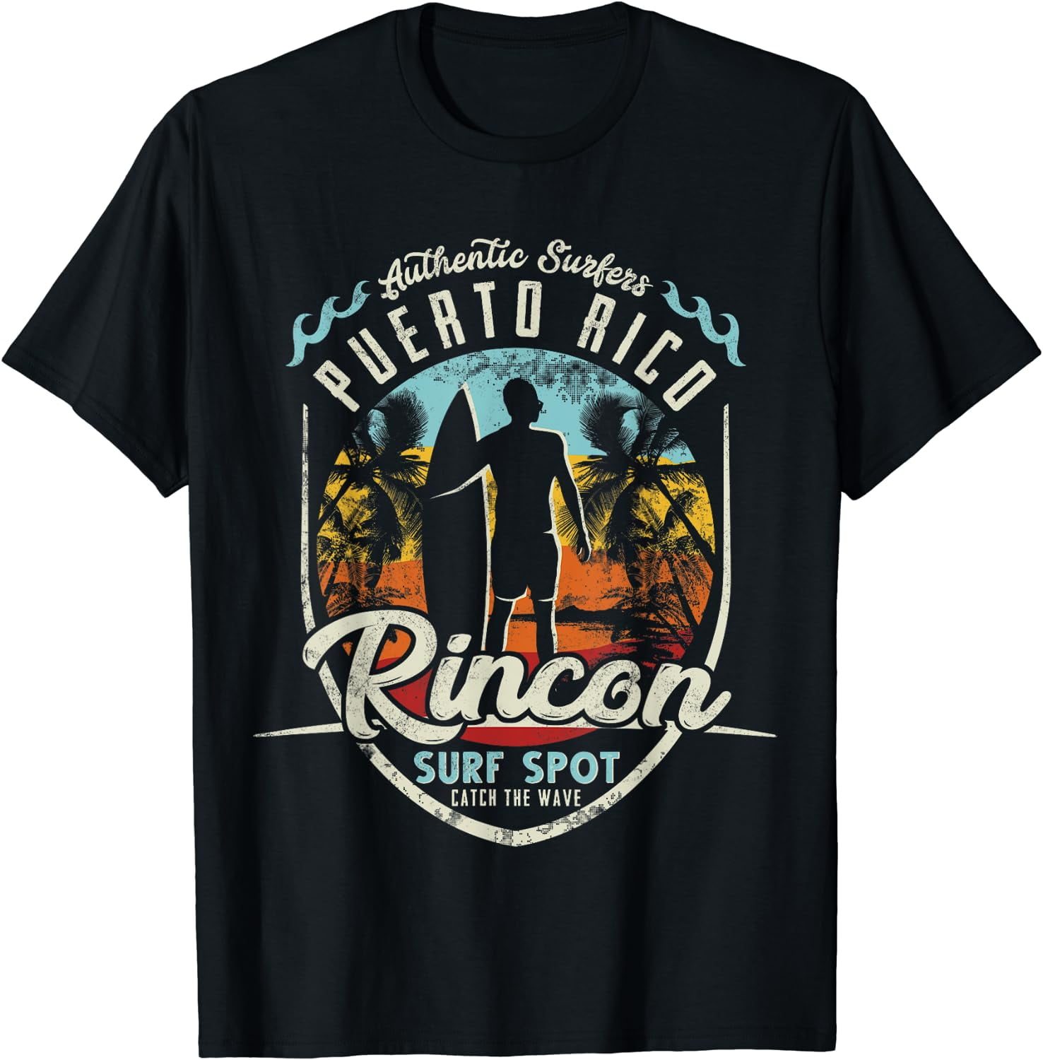 Rincon Surfing Vintage 80s Palm Tree Surfer Puerto Rico Surf T-Shirt ...